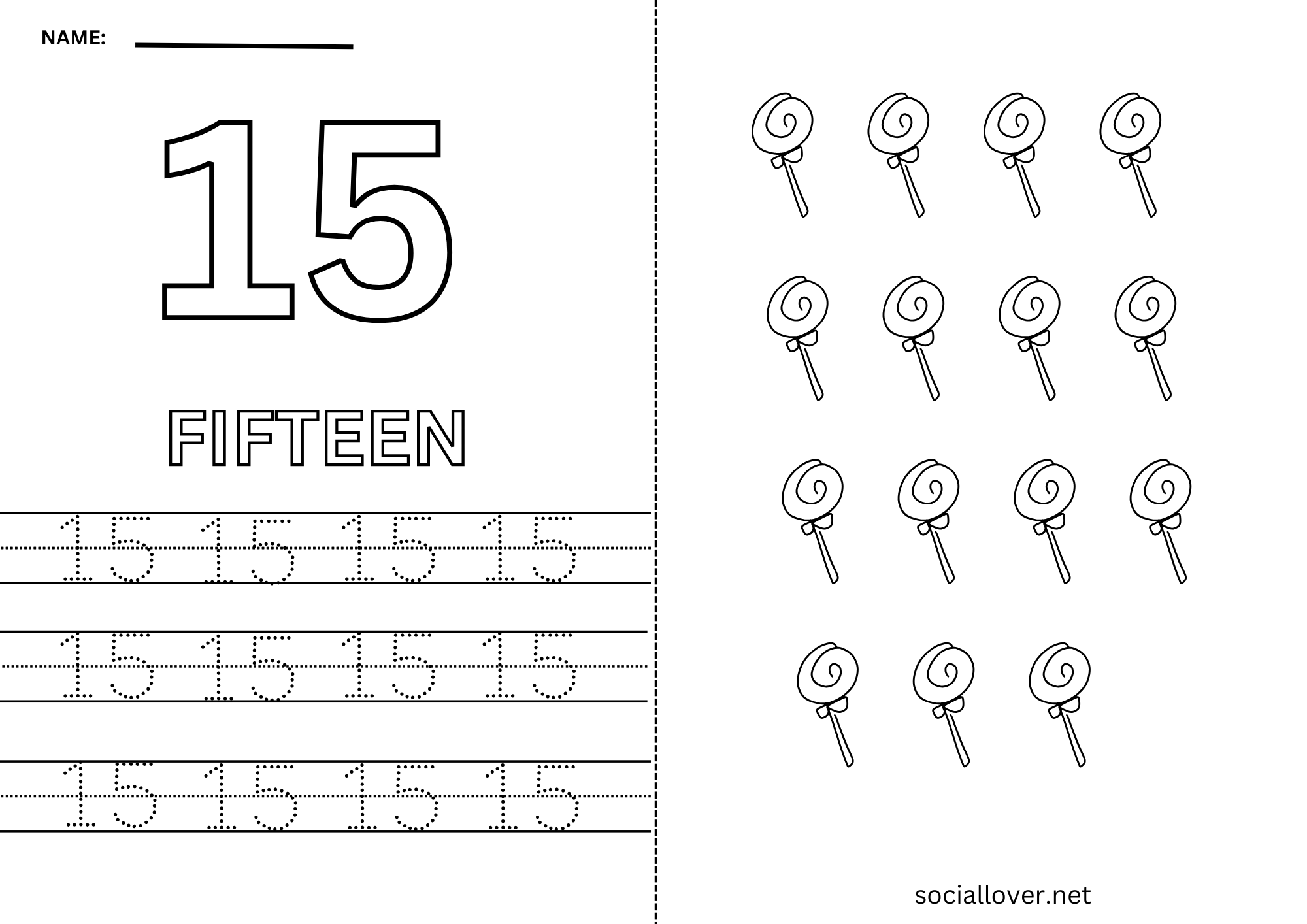 Read Write Count and Trace Math number 15 Practice worksheet