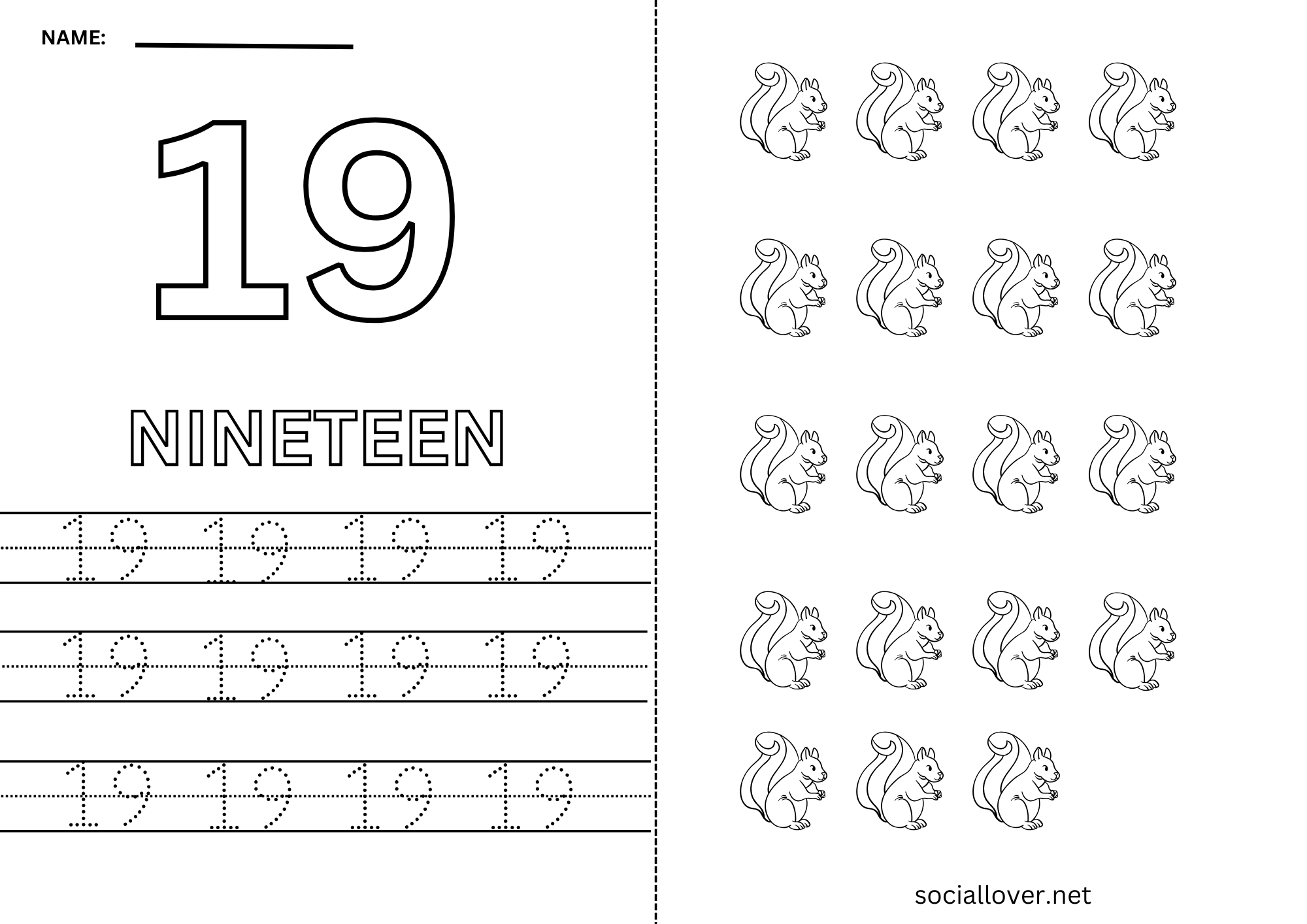 Read Write Count and Trace Math number 19 Practice worksheet