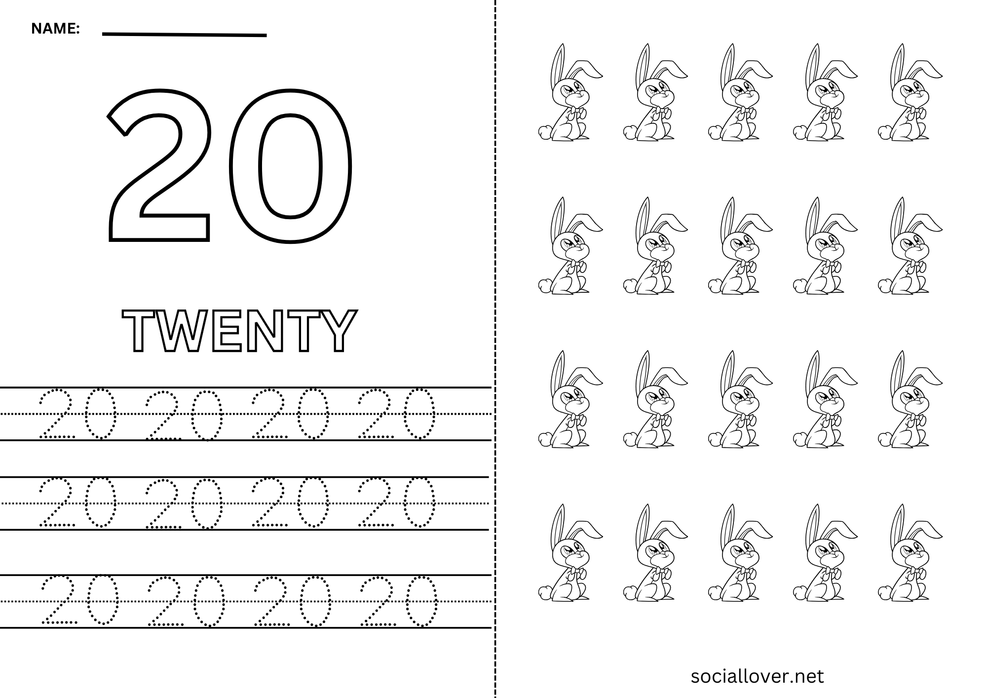 Read Write Count and Trace Math number 20 Practice worksheet