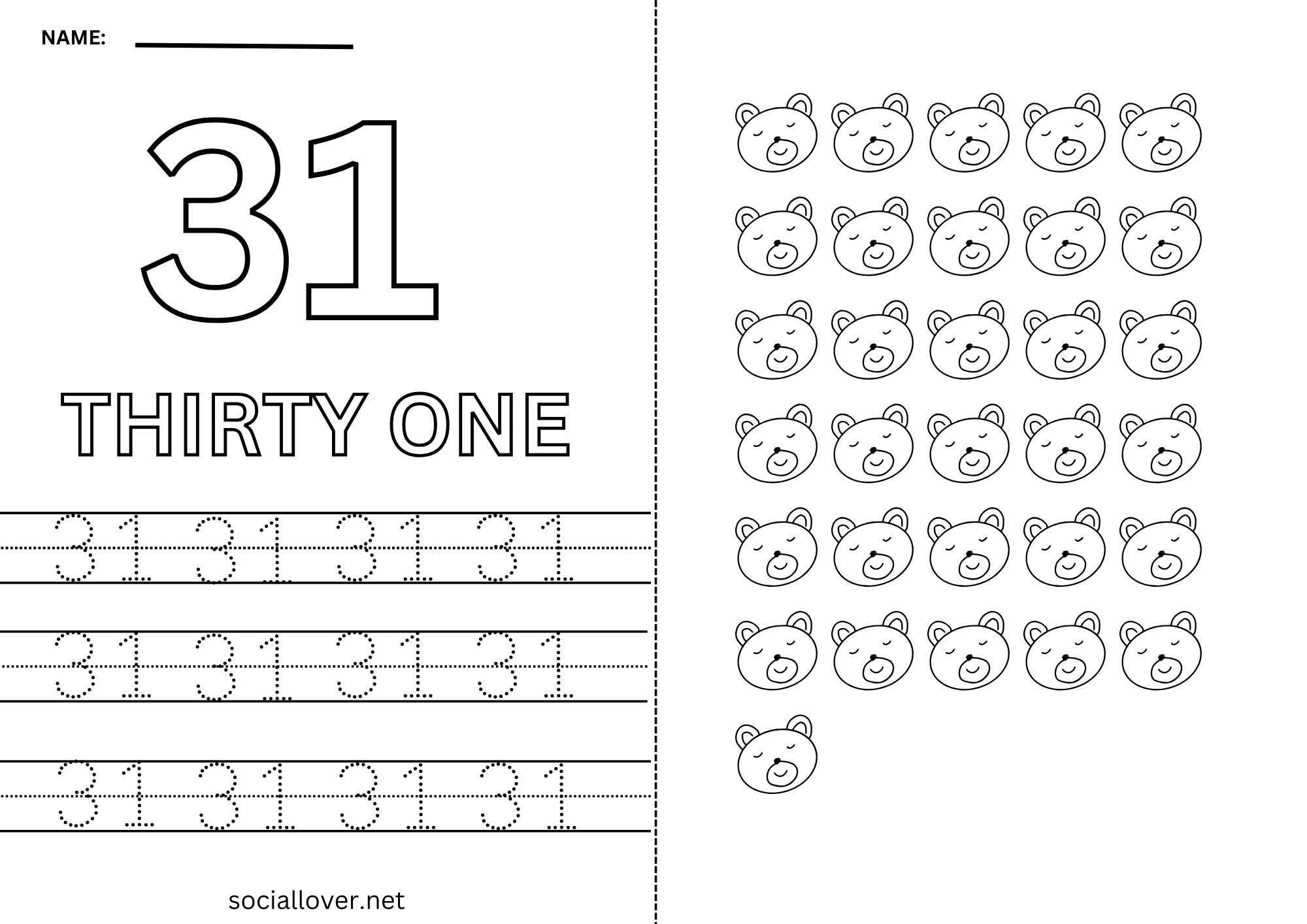 Read Write Count and Trace Math number 31 Practice worksheet