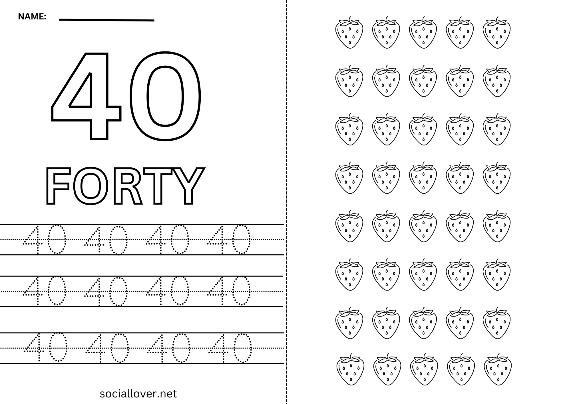 Read Write Count and Trace Math number 40 Practice worksheet