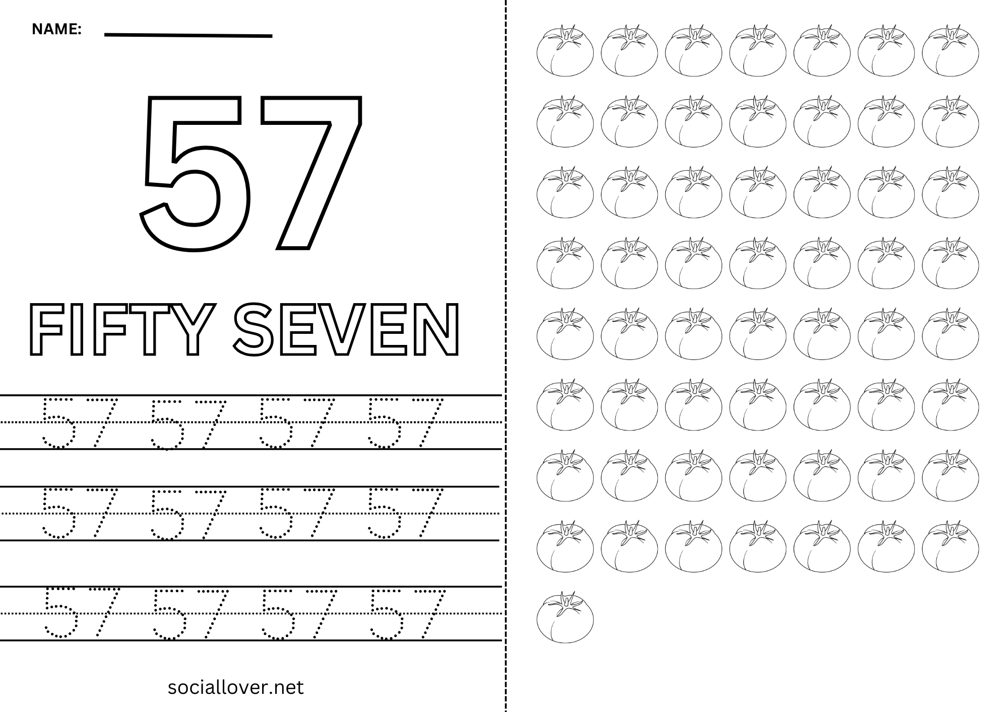 Read Write Count and Trace Math number 57 Practice worksheet