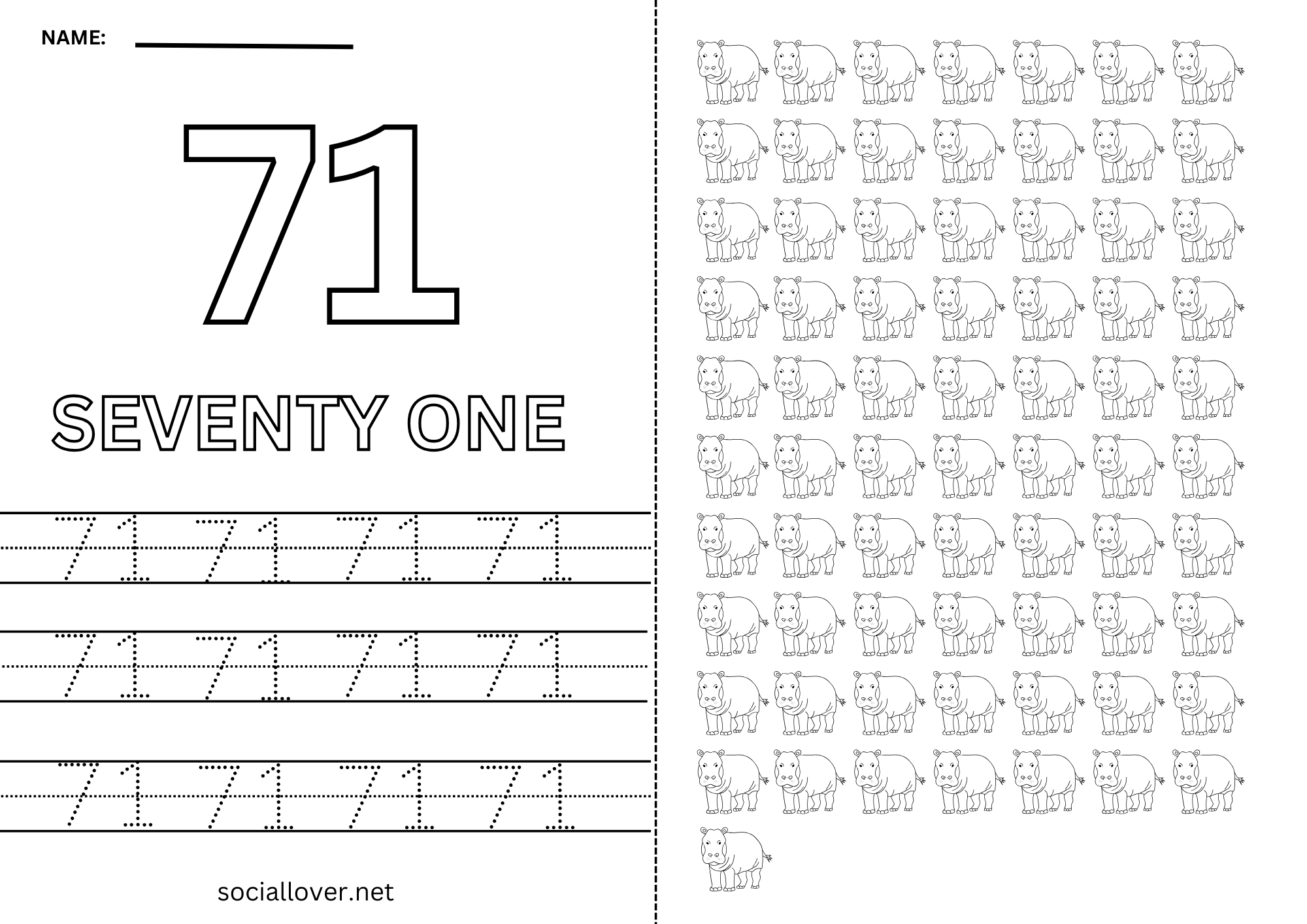 Read Write Count and Trace Math number 71 Practice worksheet