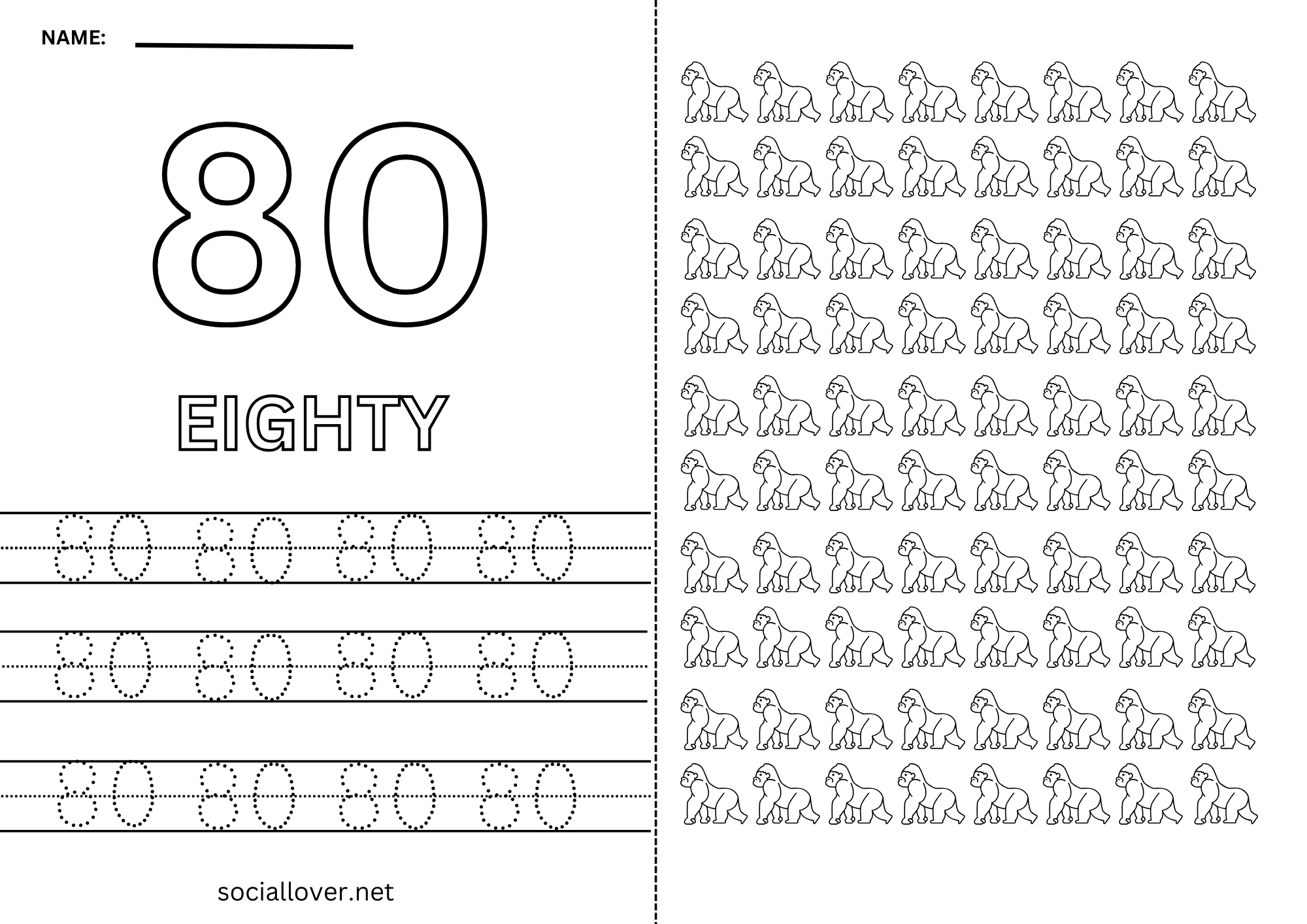 Read Write Count and Trace Math number 80 Practice worksheet
