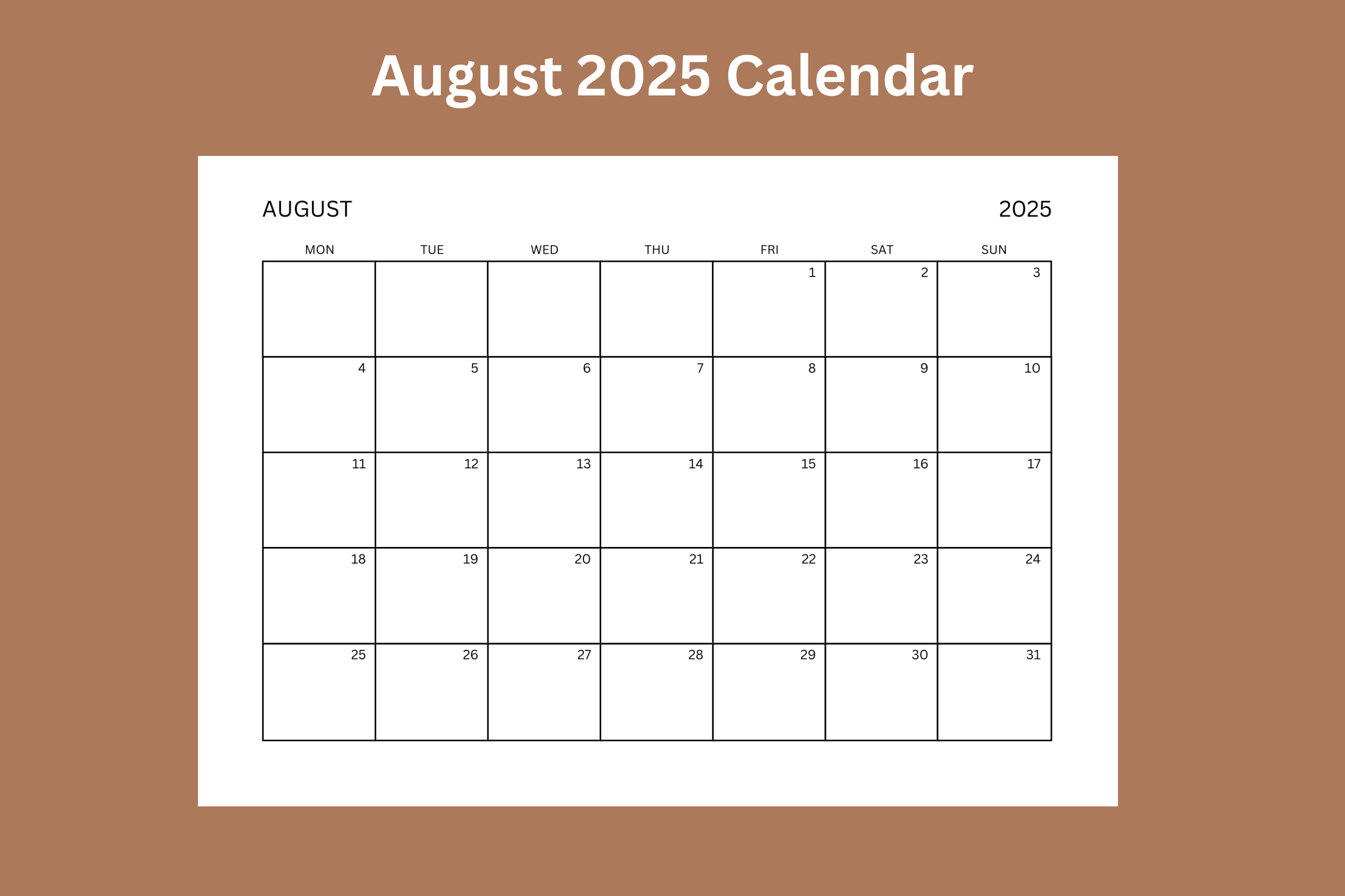 August calendar 2025 with holidays landscape