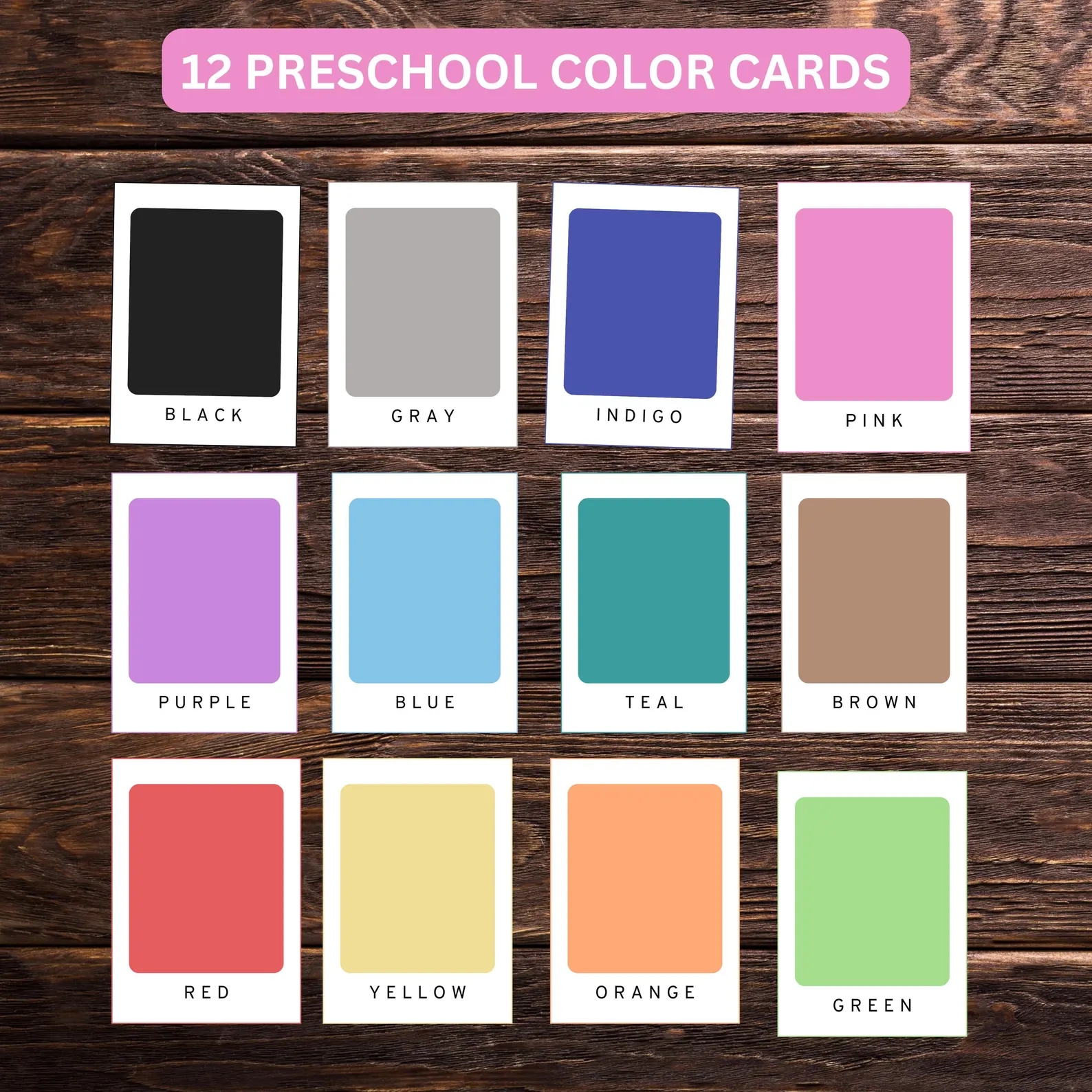 12 Color Cards, Montessori flashcards Instant Download