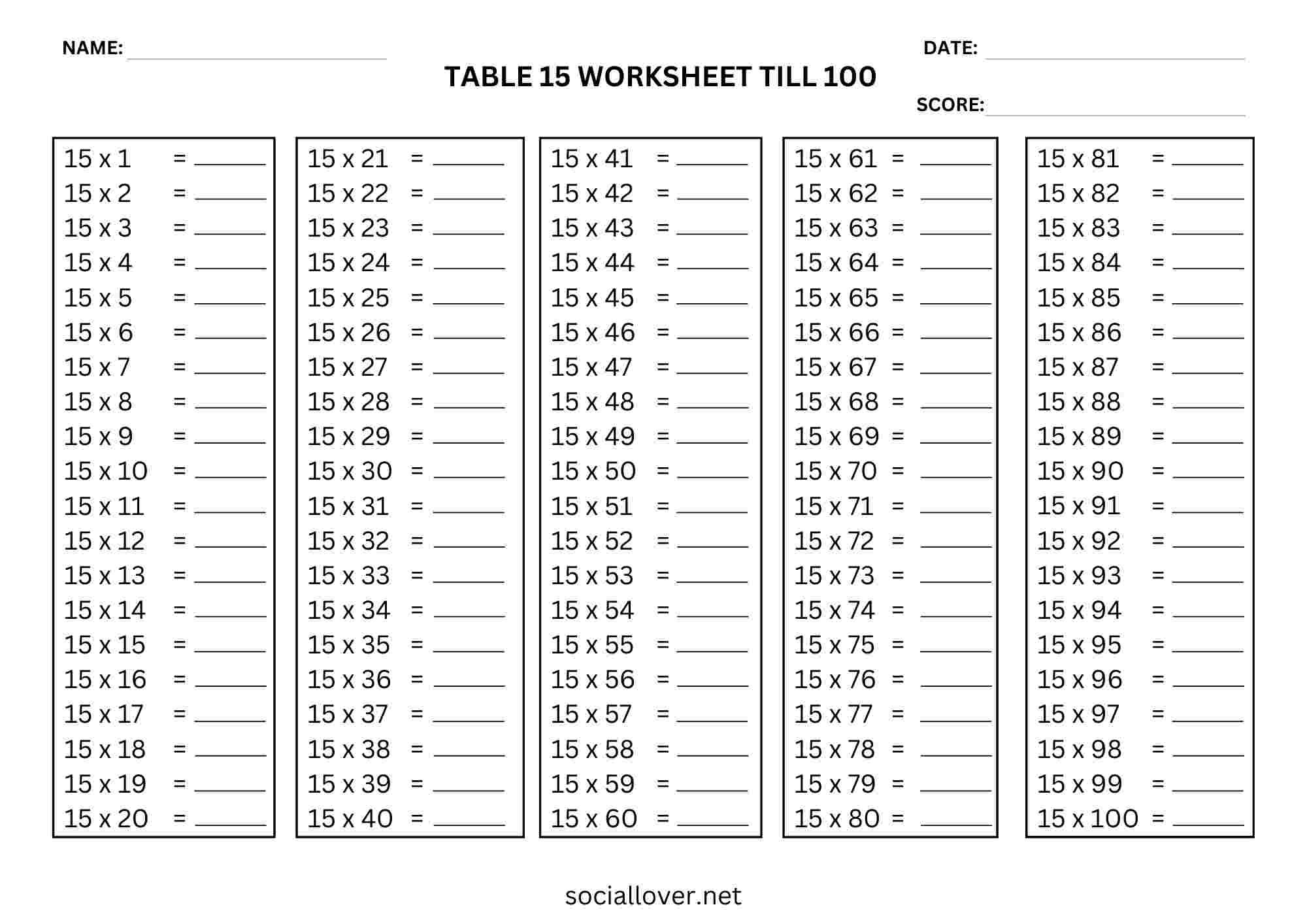 Table of 15 worksheet till 100