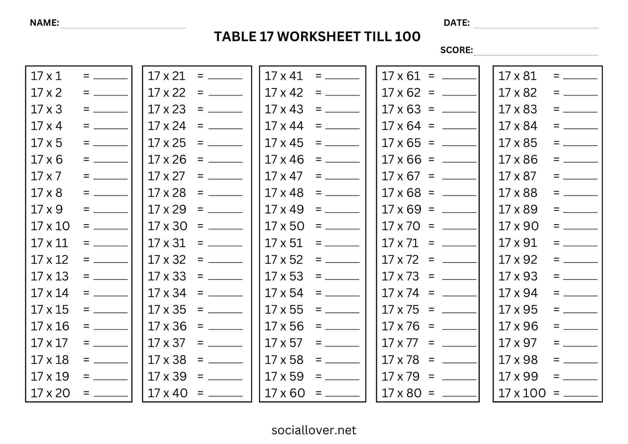 Table of 17 worksheet till 100