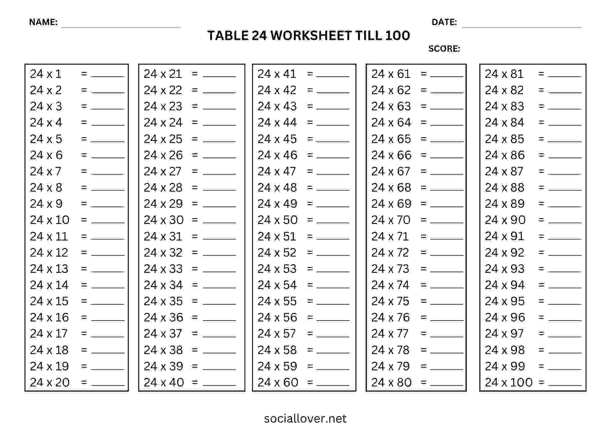 Table of 24 worksheet till 100