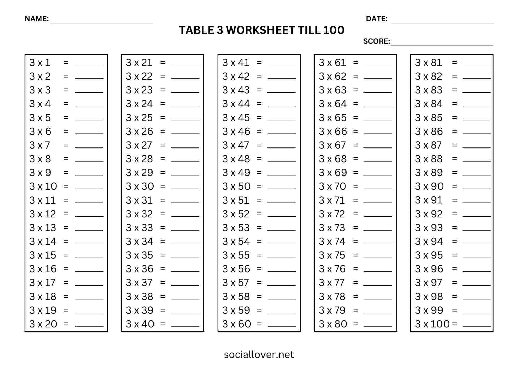 Table of 3 worksheet till 100
