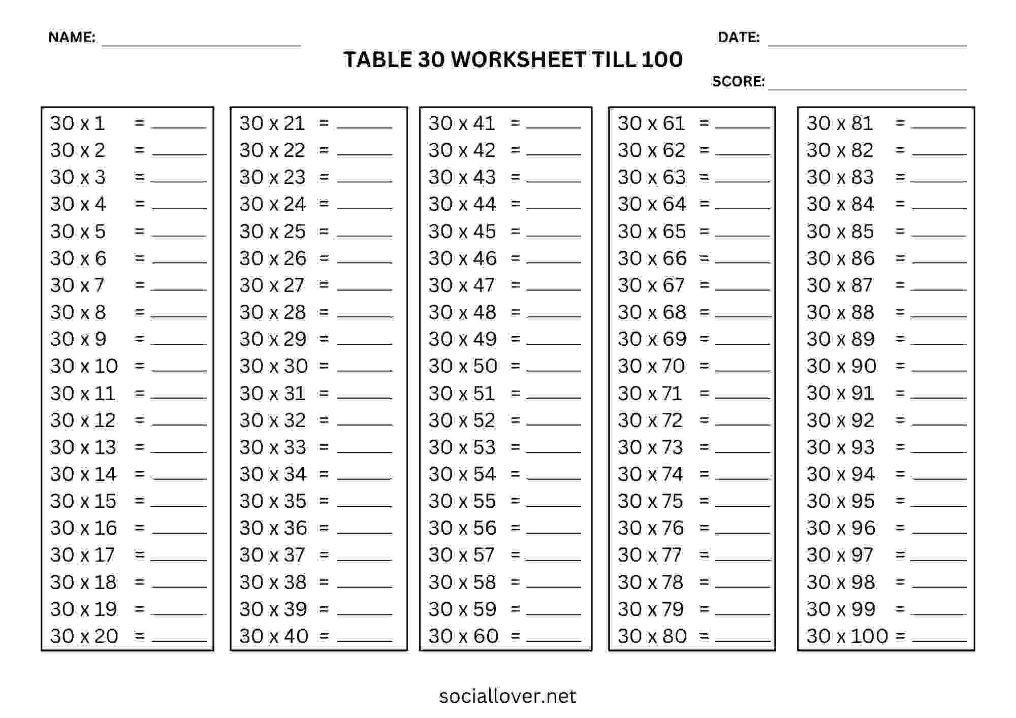 Table of 30 worksheet till 100 PDF