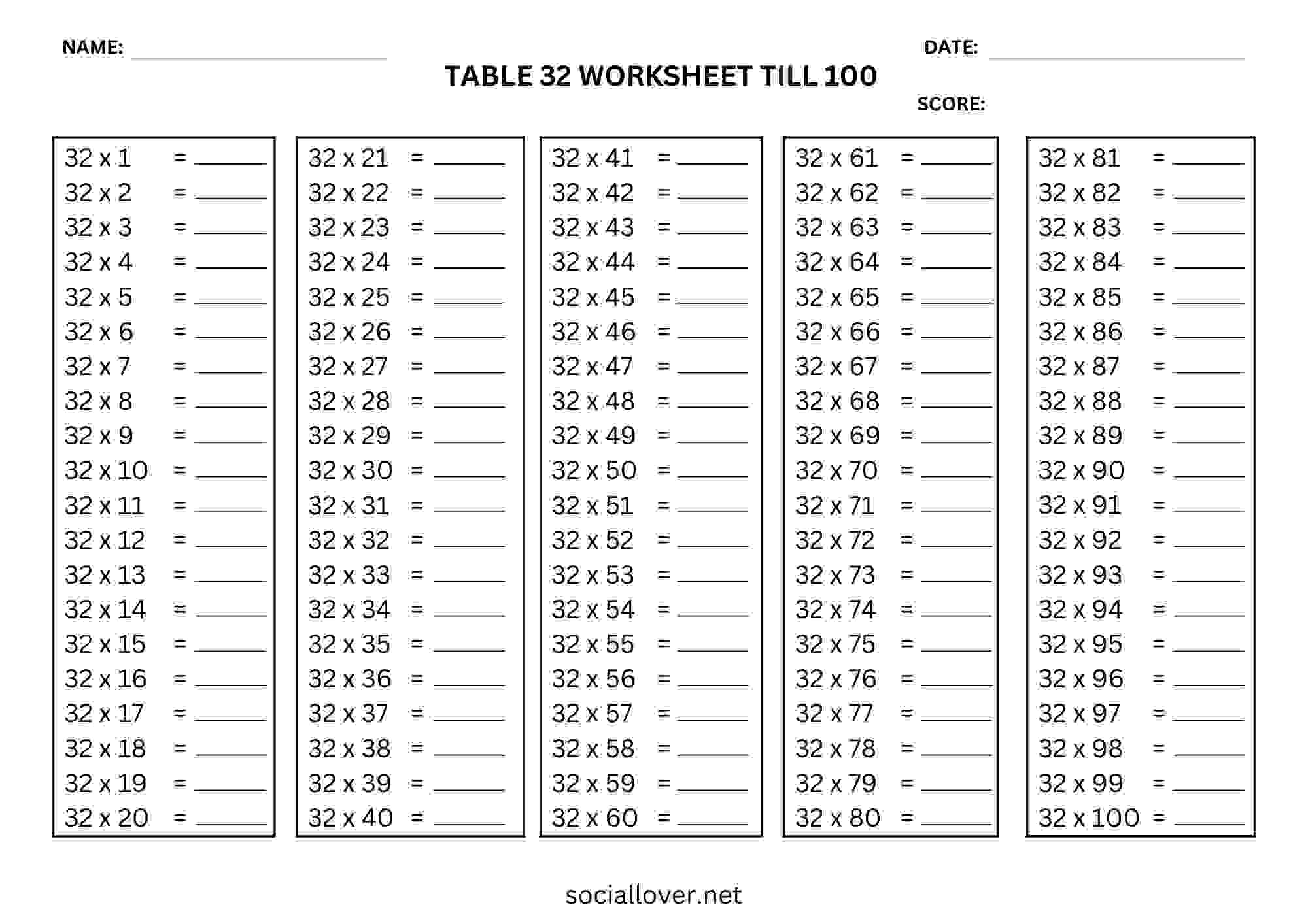 Table of 32 worksheet till 100