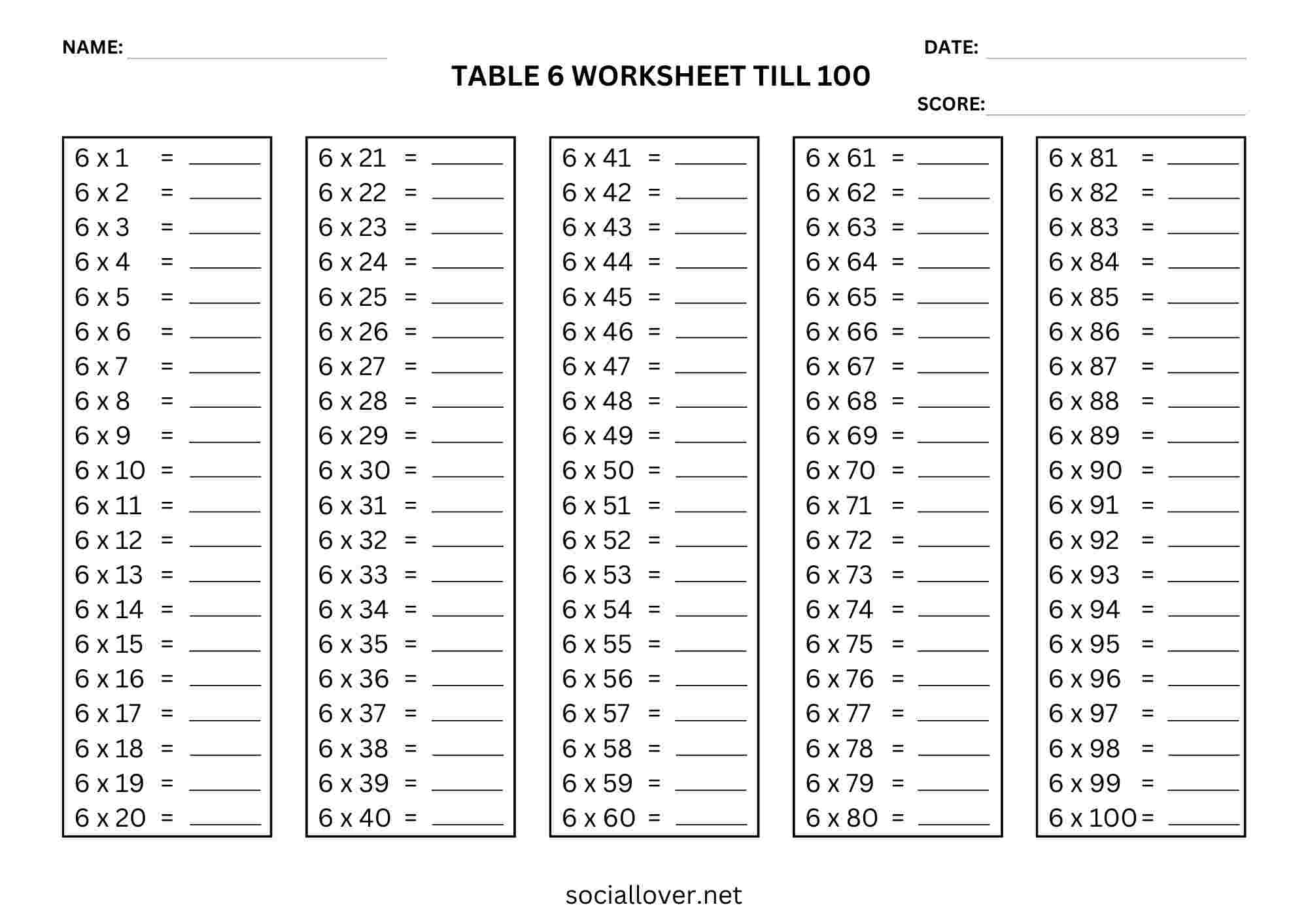 Table of 6 worksheet till 100