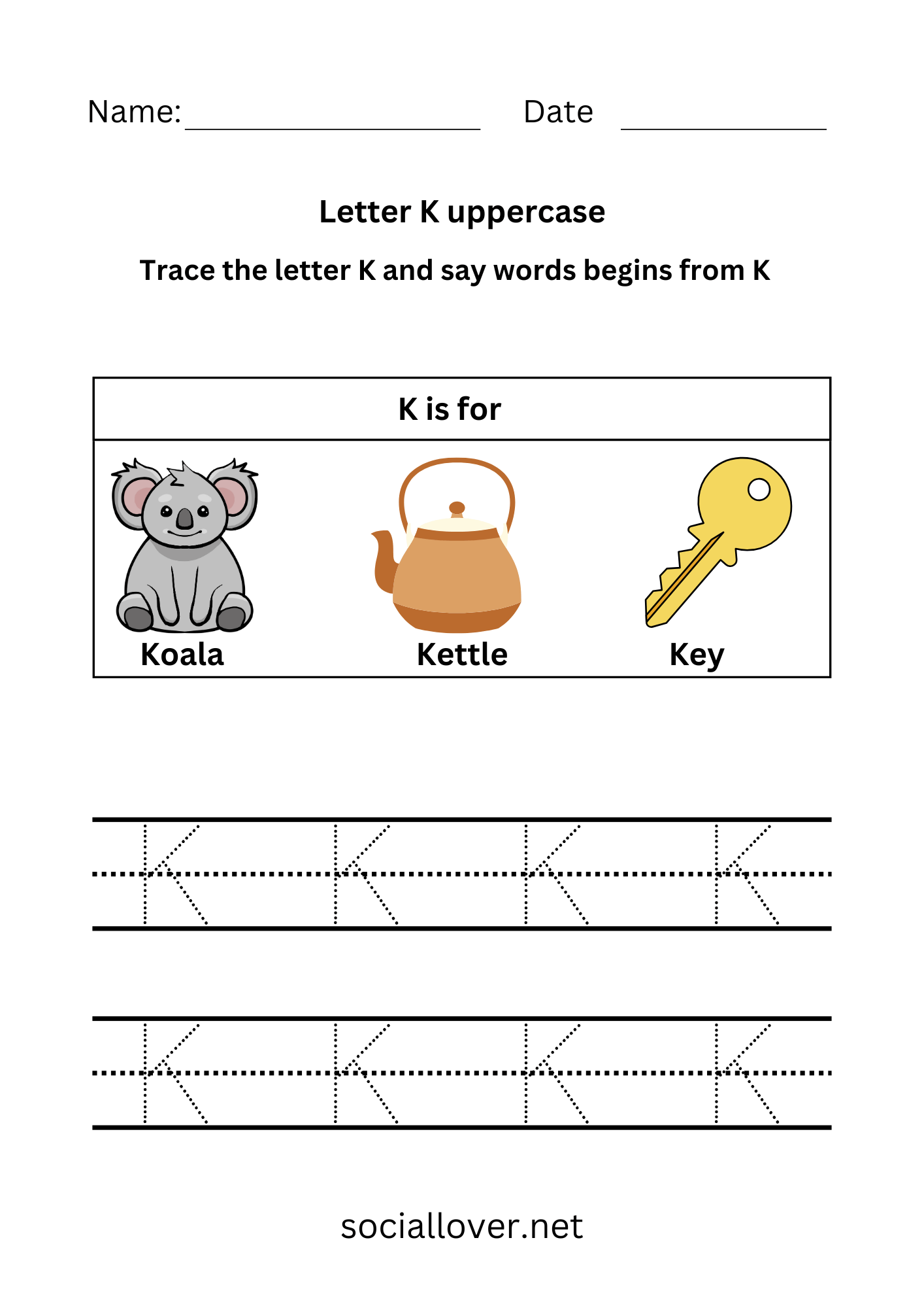 Learn the letter K Worksheet | Social Lover