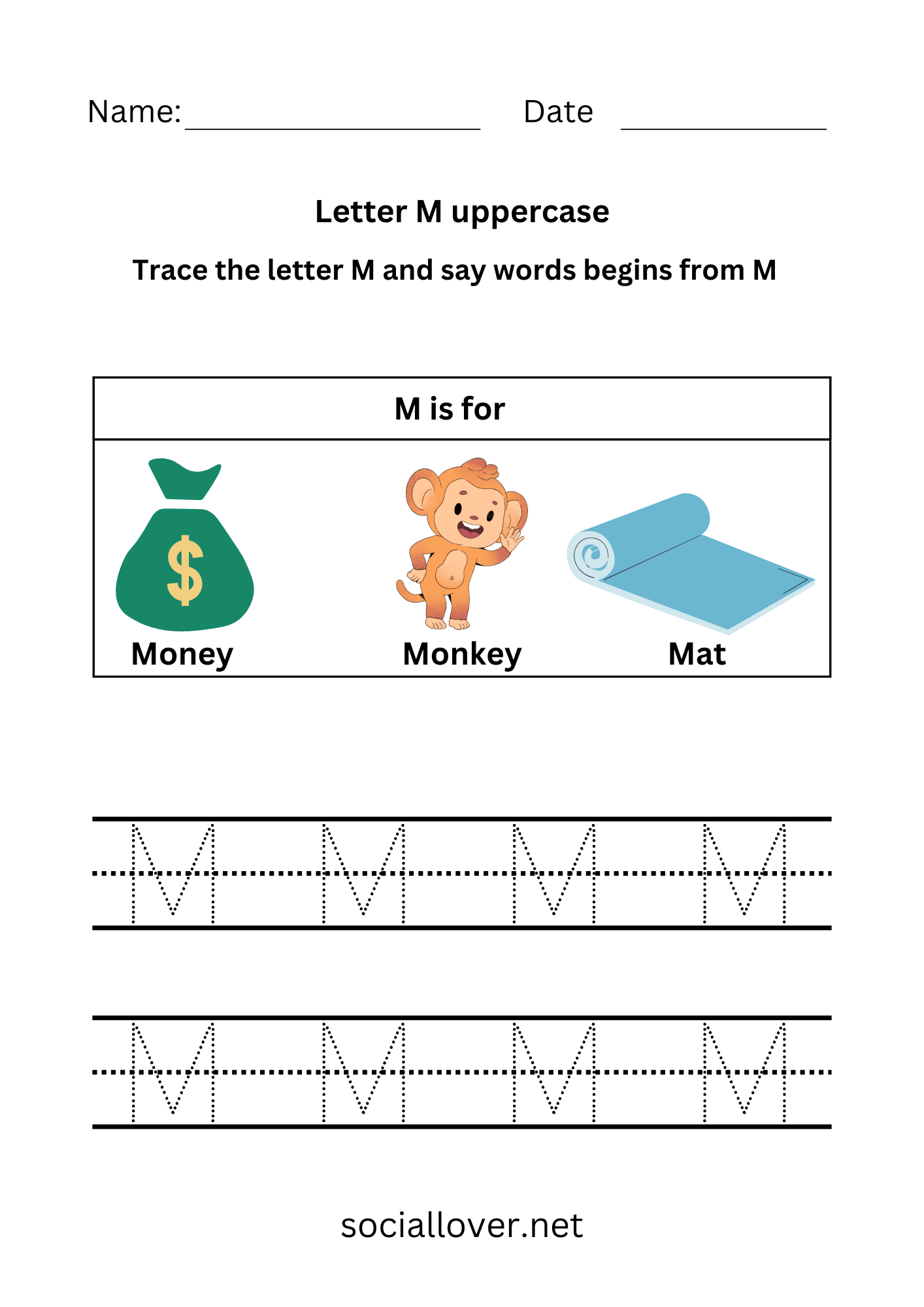 Learn the letter M Worksheet | Social Lover