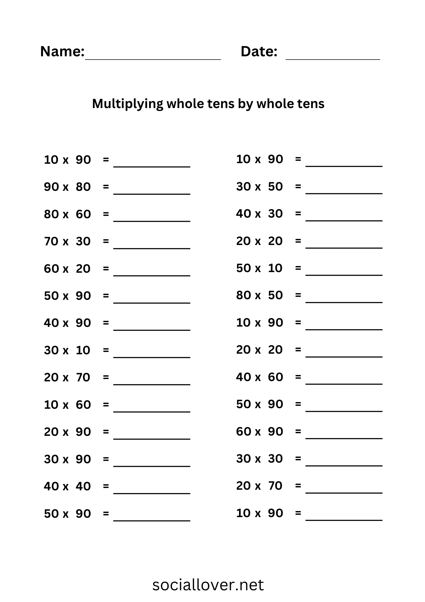 Multiply whole tens by whole tens worksheet