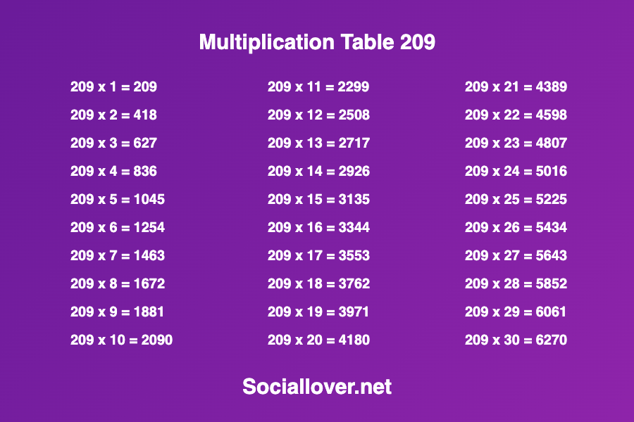 Multiplication times table of 209