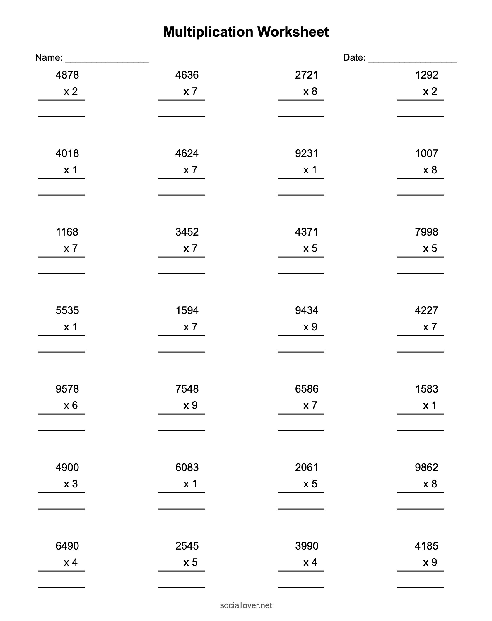 1-digit by 4-digits Multiplication Vertical worksheets PDF