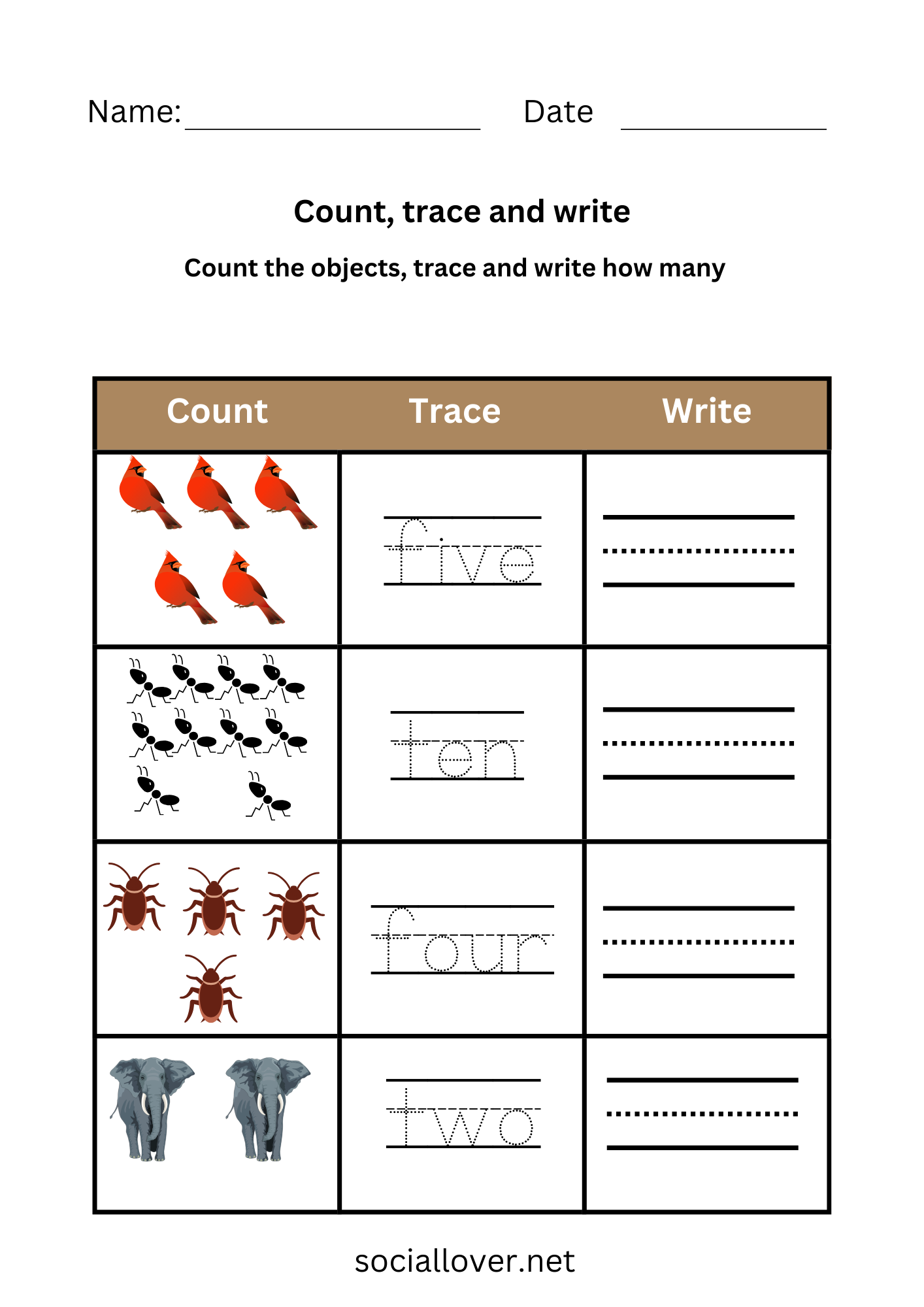 Count, Trace, and write numbers worksheets for Kindergarten and Preschool