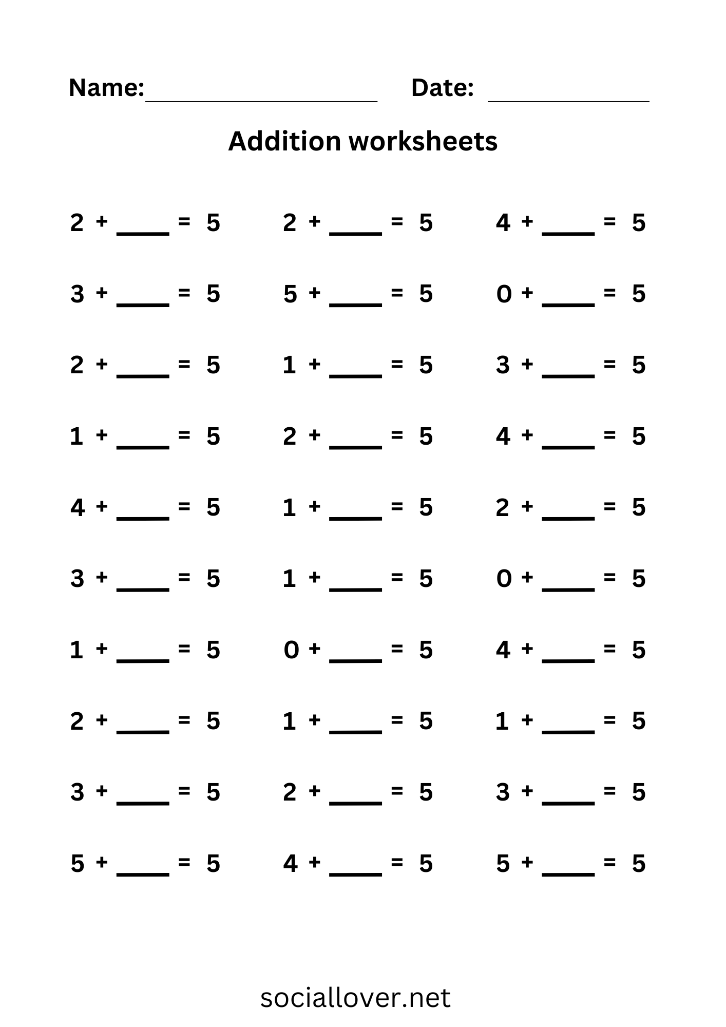 Numbers bonds Addition worksheets 5, 6, 7