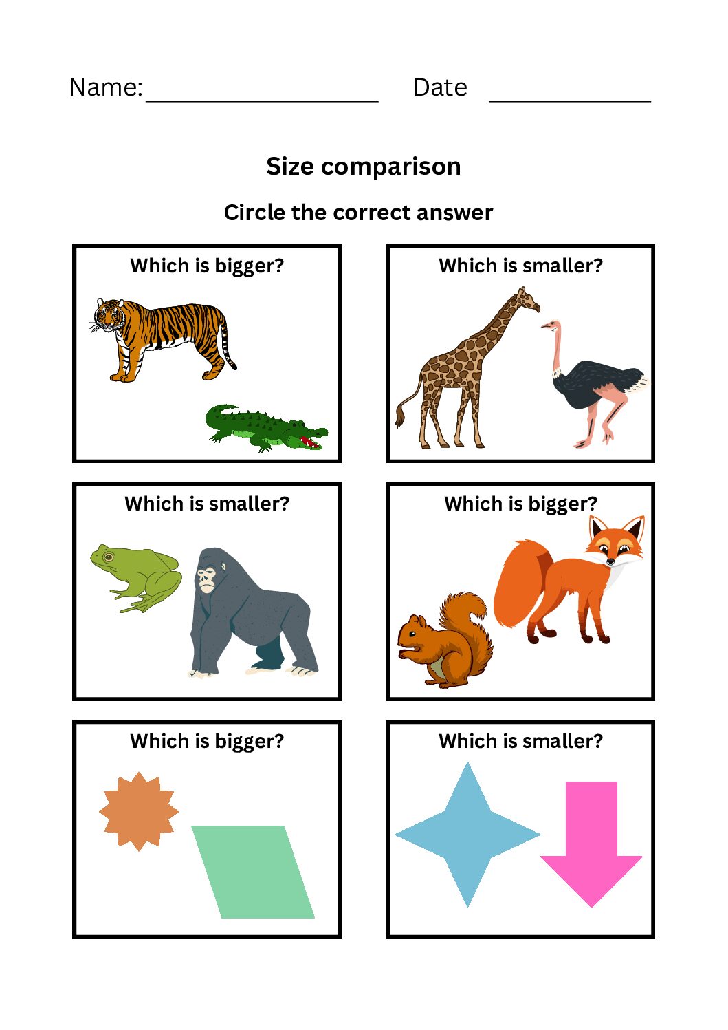 Big vs small size worksheets