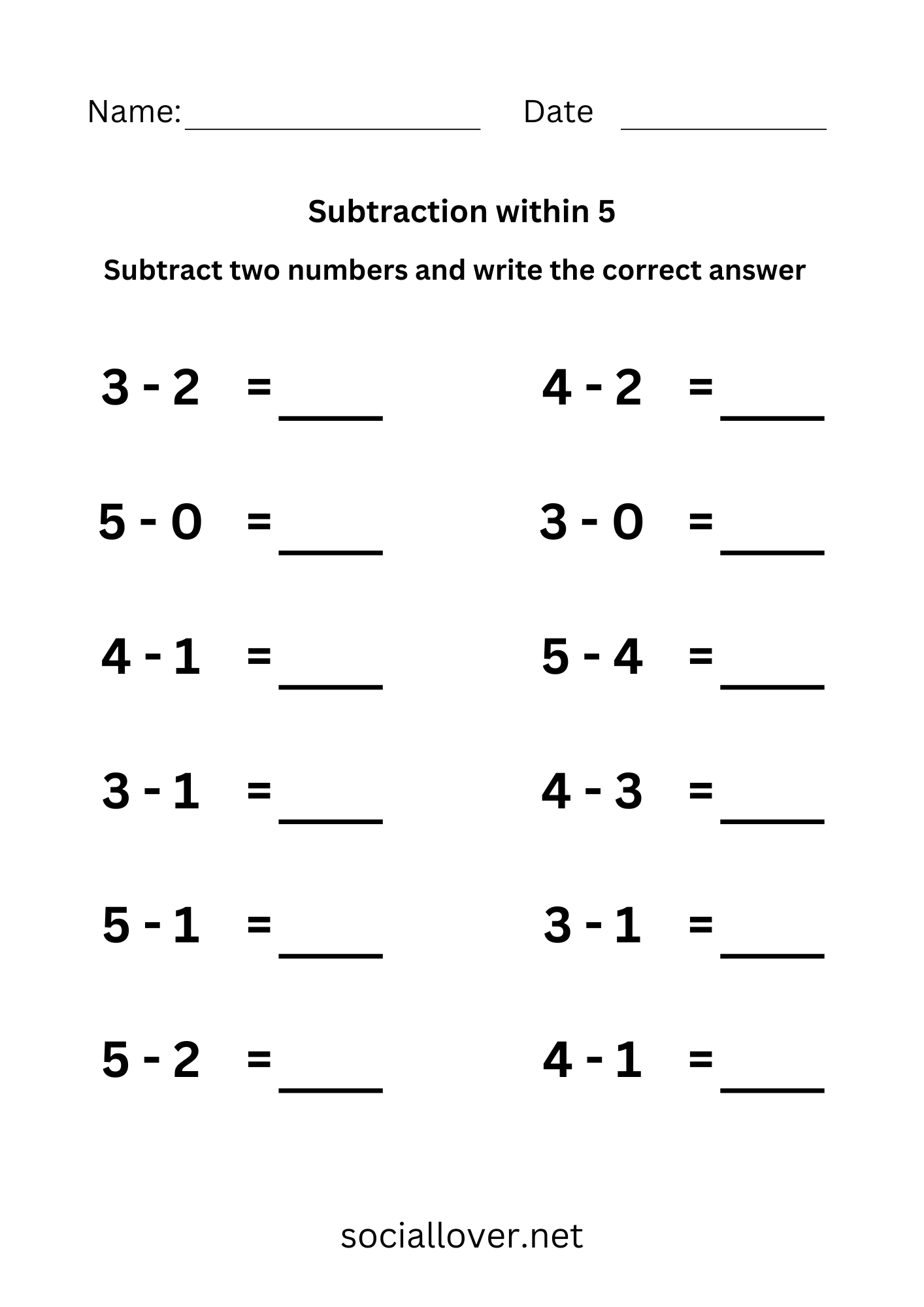 Subtract within 5 worksheets for Kindergarten and Preschool