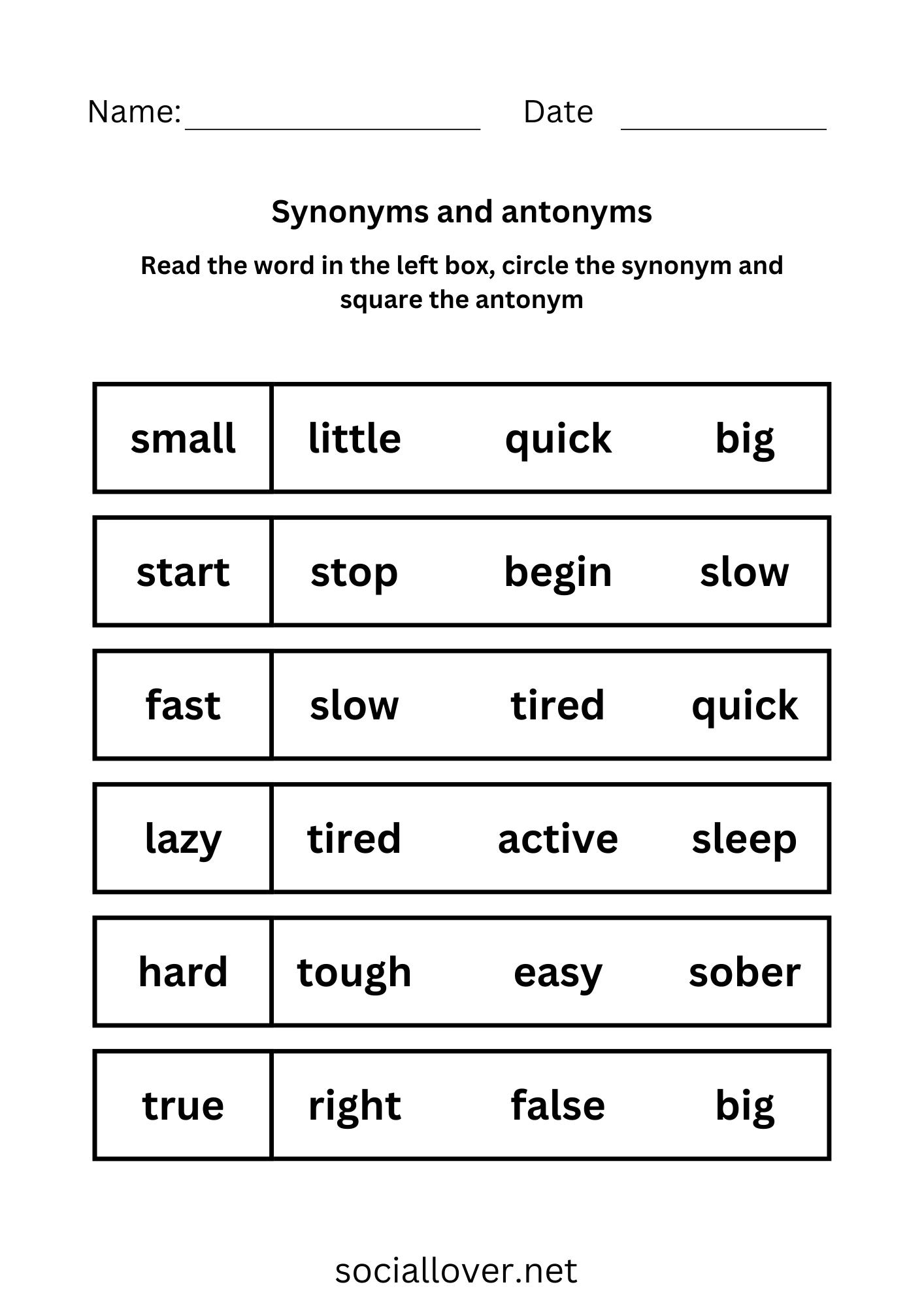 Identify synonyms and antonyms worksheets PDF Printable