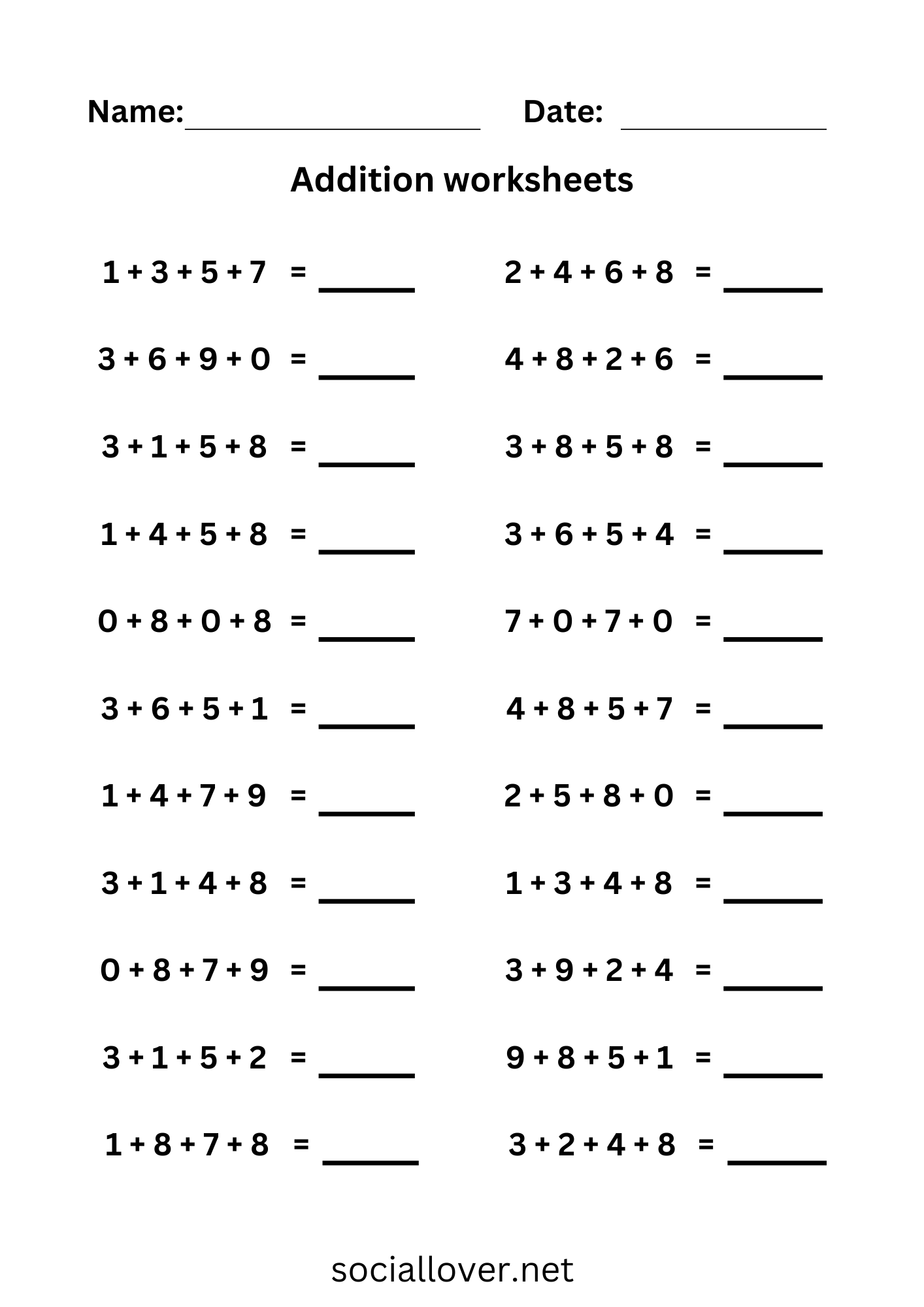 Adding 4 terms worksheets | 4 single digit addends (0-9)