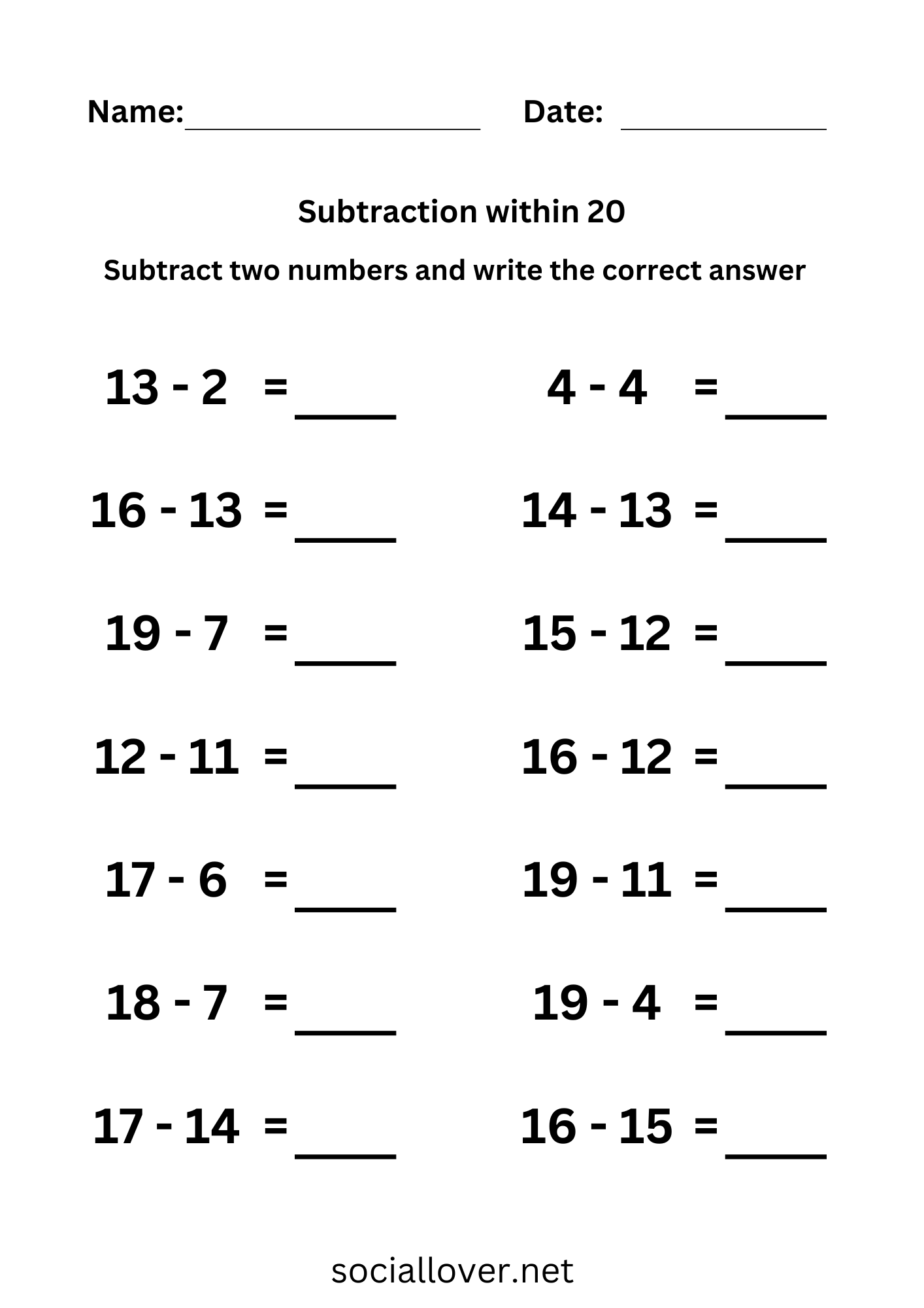 Subtract within 20 with no borrowings worksheets for Kindergarten