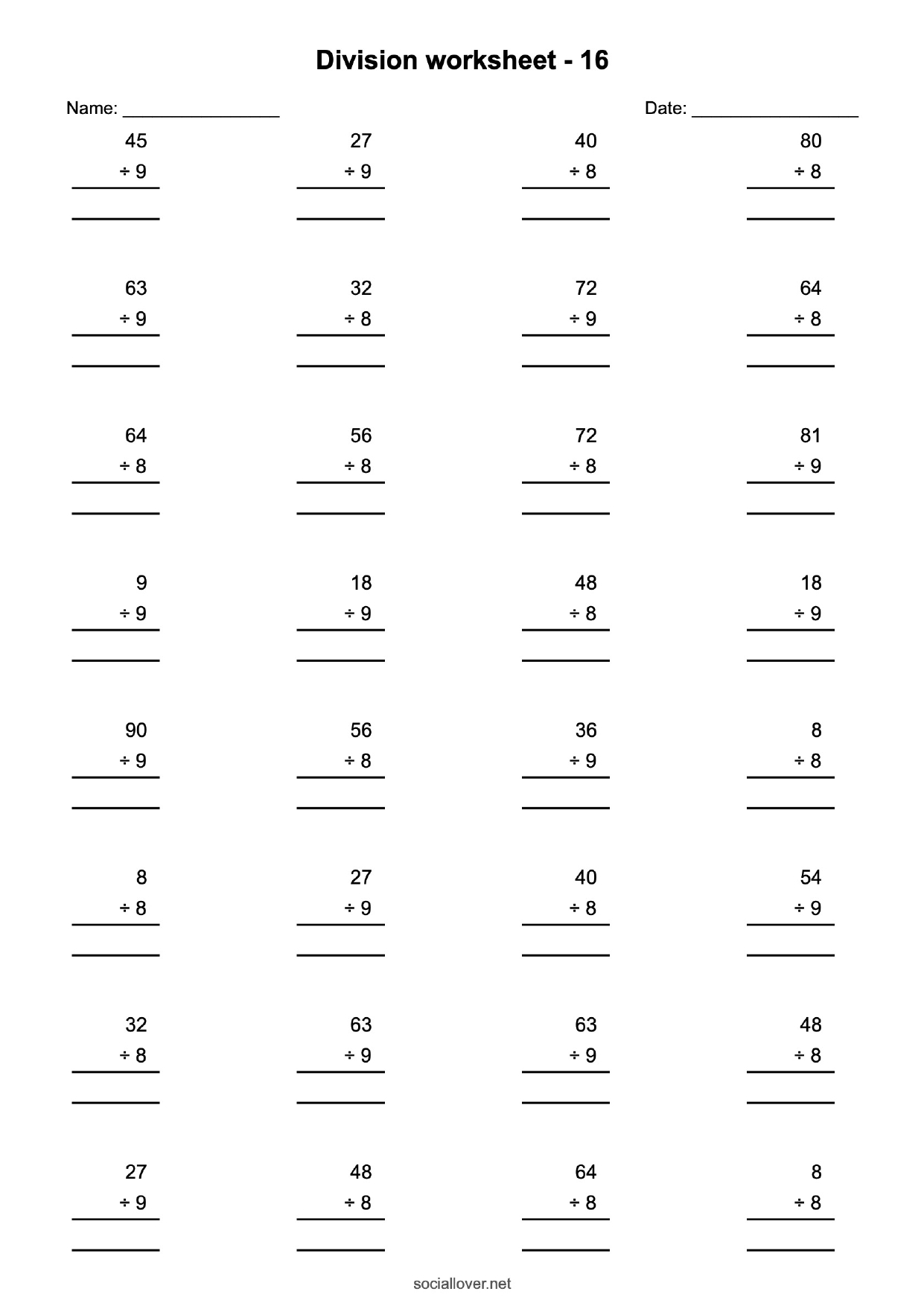 Division by 8 and 9 numbers facts worksheets