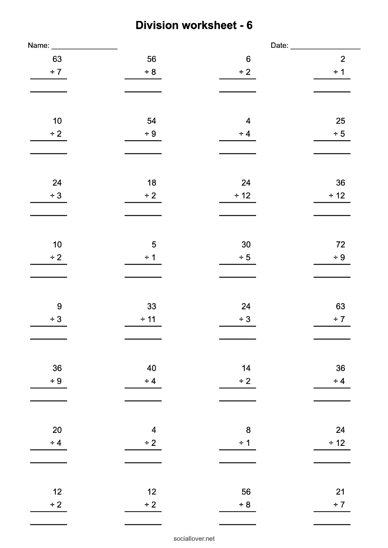 Dividing by 1-12 numbers worksheets