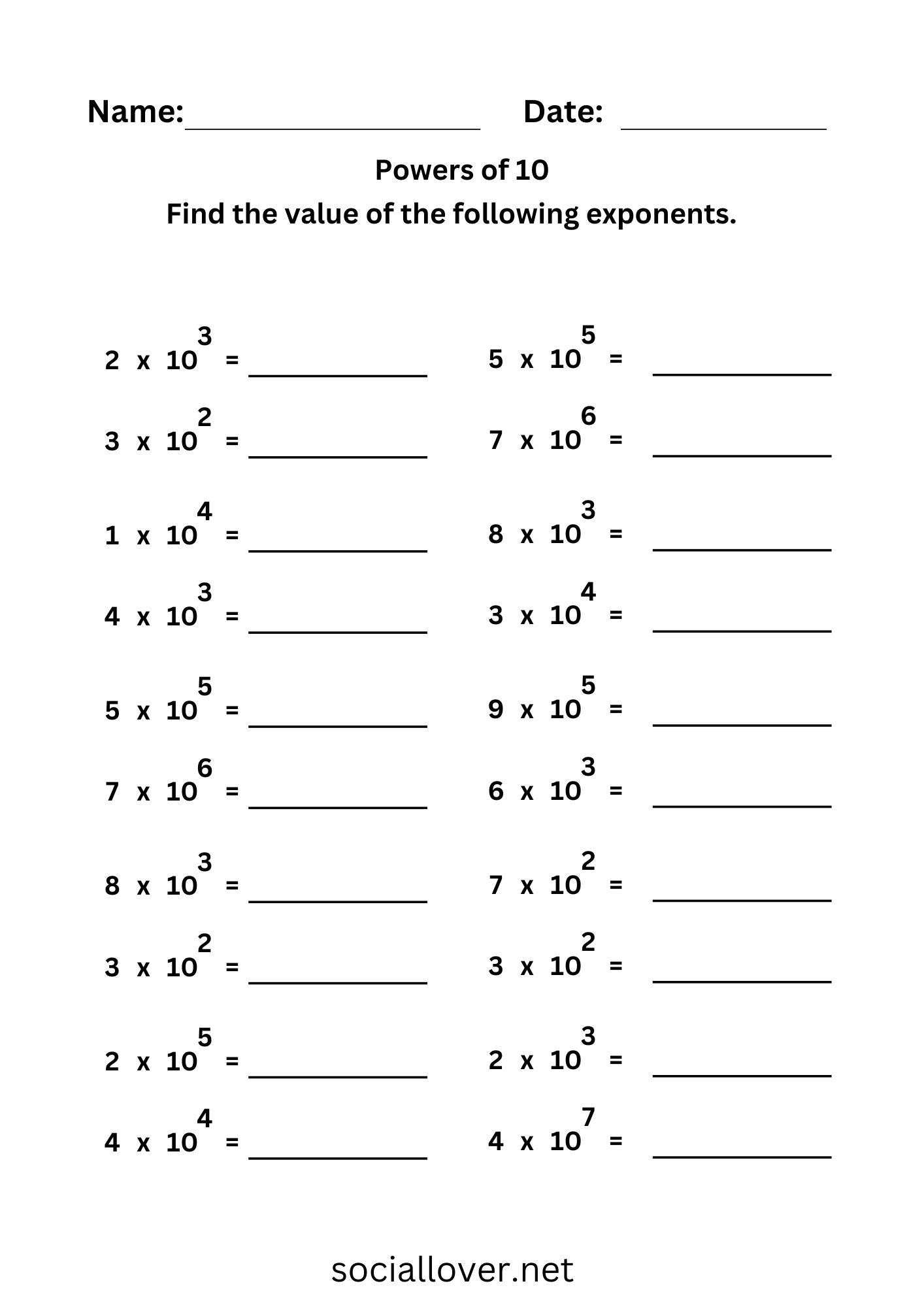 Powers of 10 worksheets