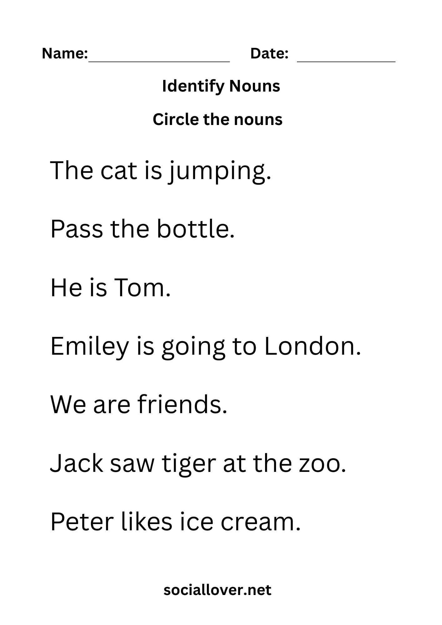 Identifying nouns in sentences worksheets: Person, Place, or Thing