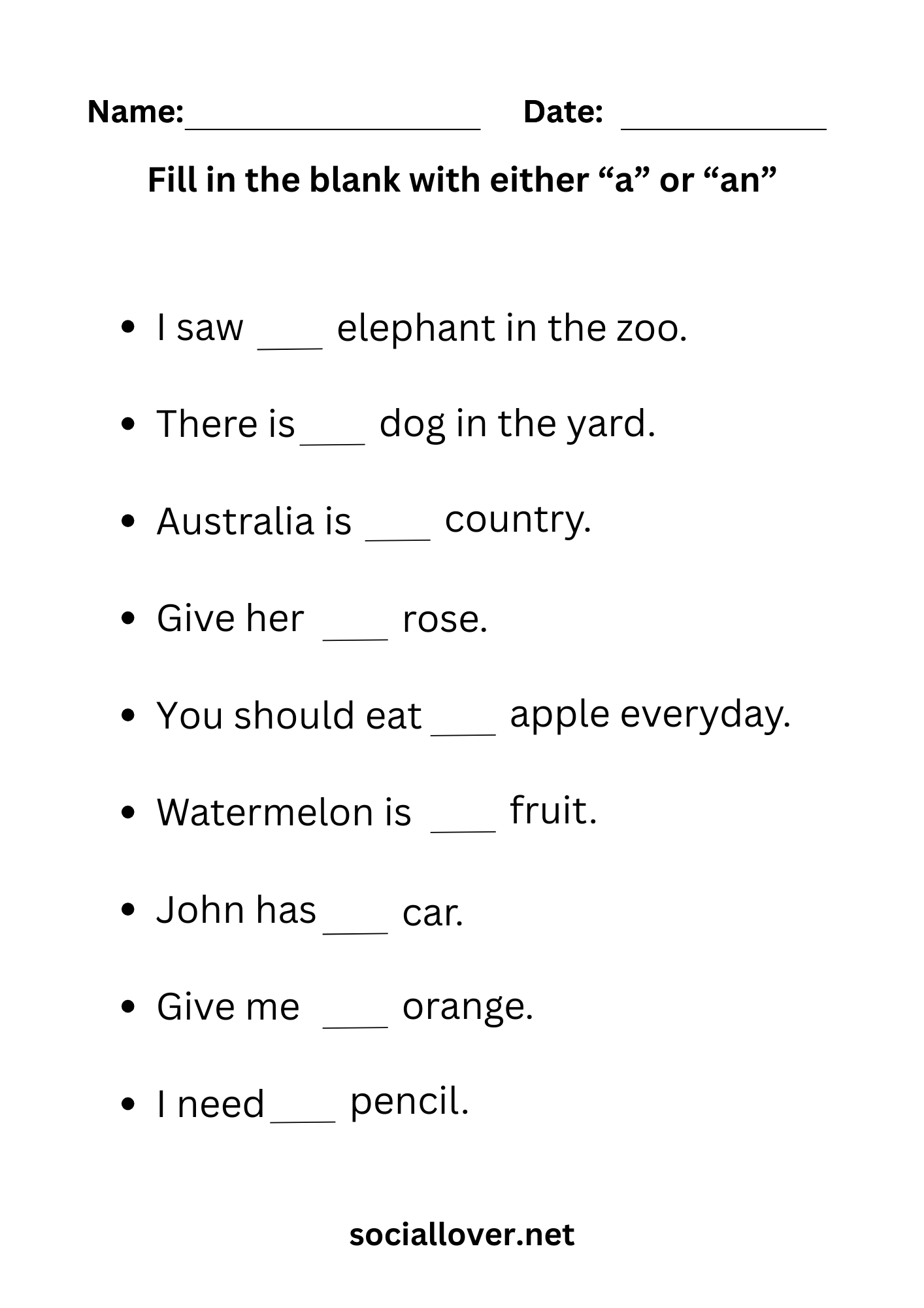 Articles a and an worksheets
