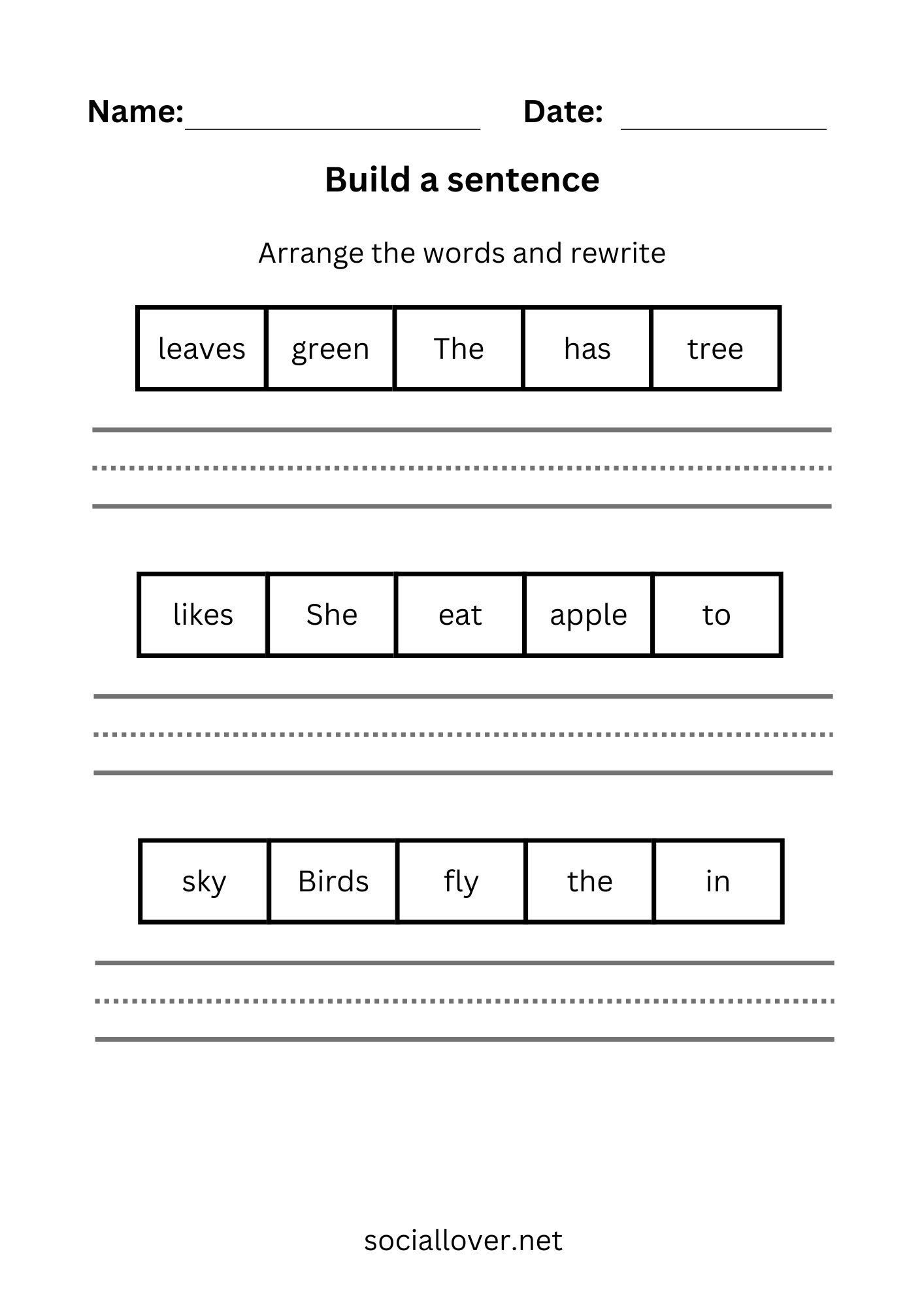 Rearrange words and build a sentence worksheets