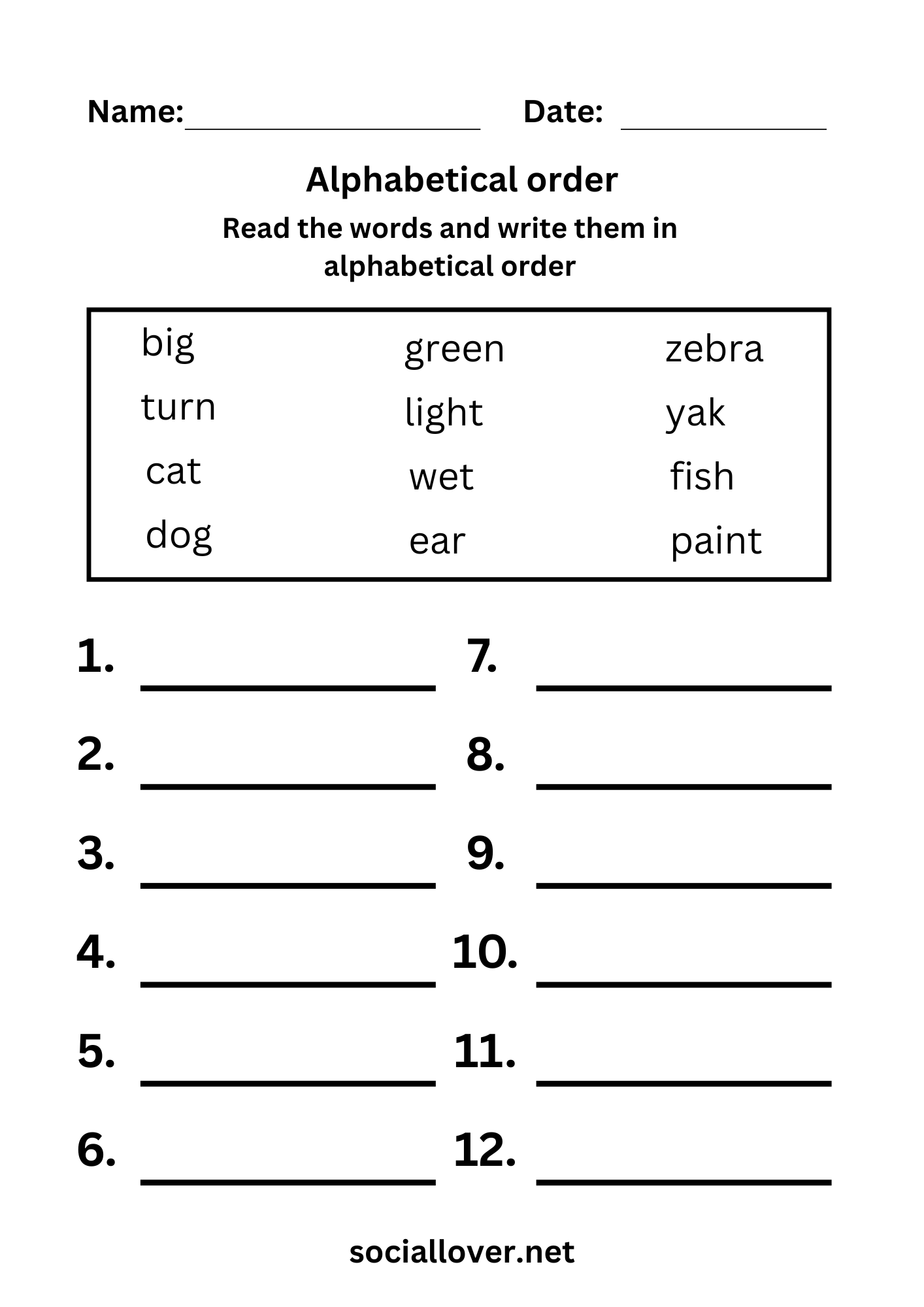 Arrange words in alphabetical order worksheets grade 1