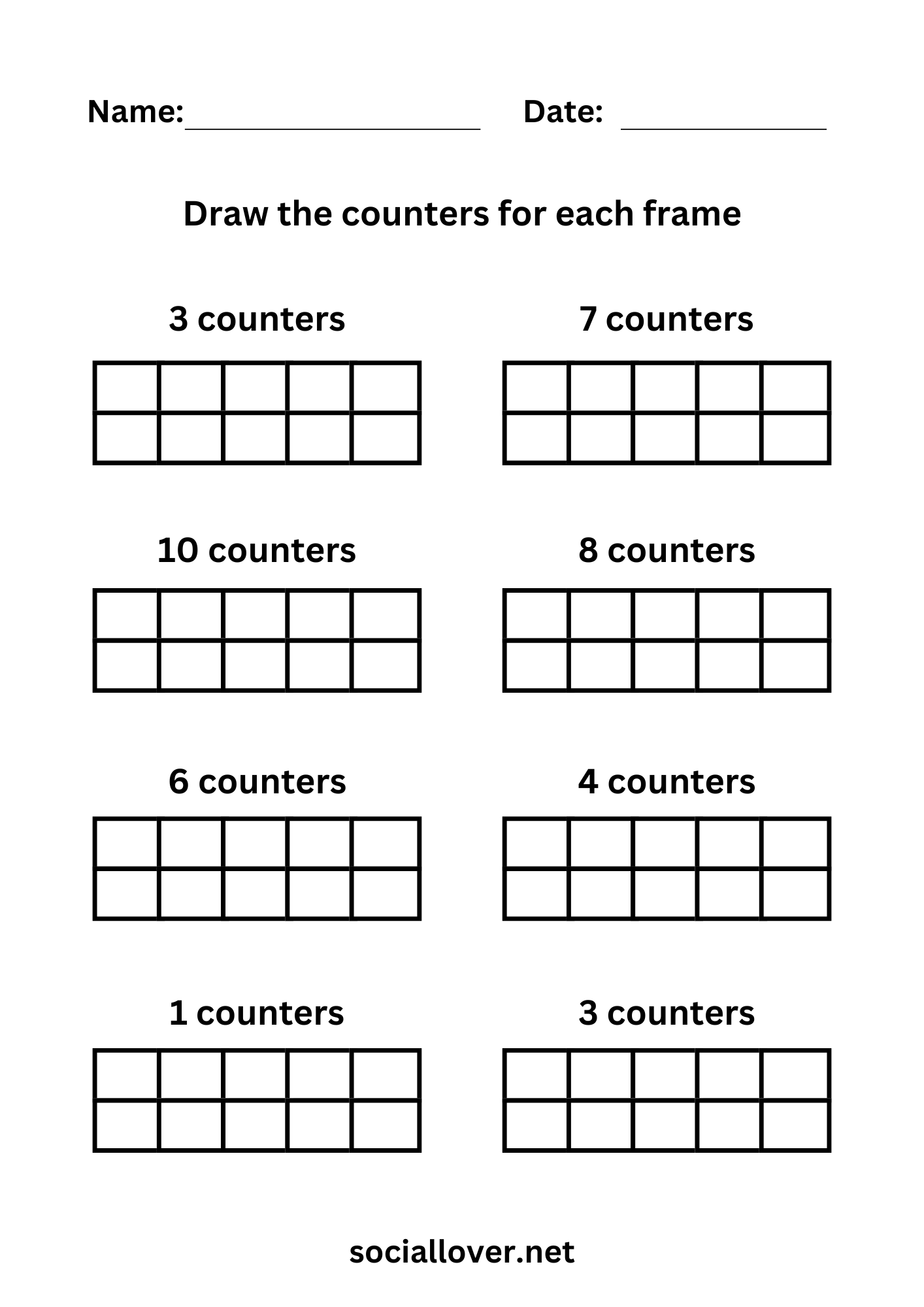 Draw counters in frames as directed worksheets