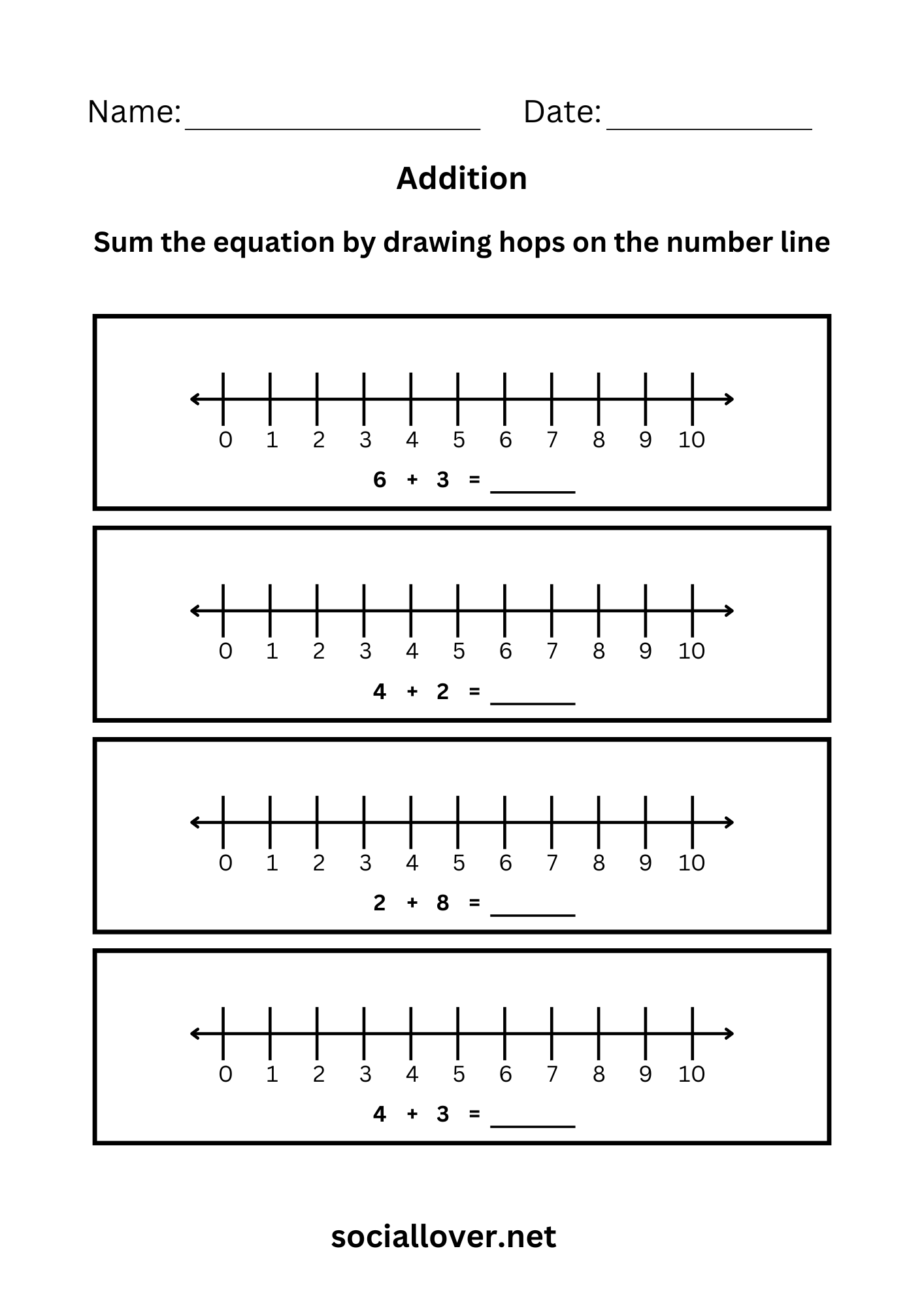 Adding 2 numbers with number lines worksheets