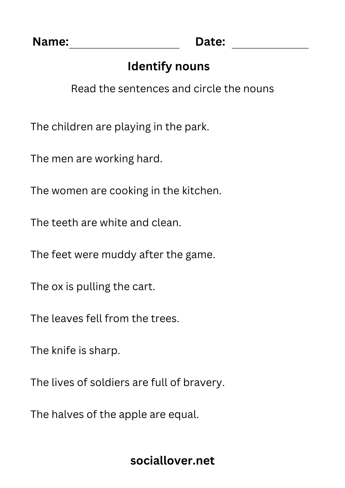 Identify nouns in sentences worksheets