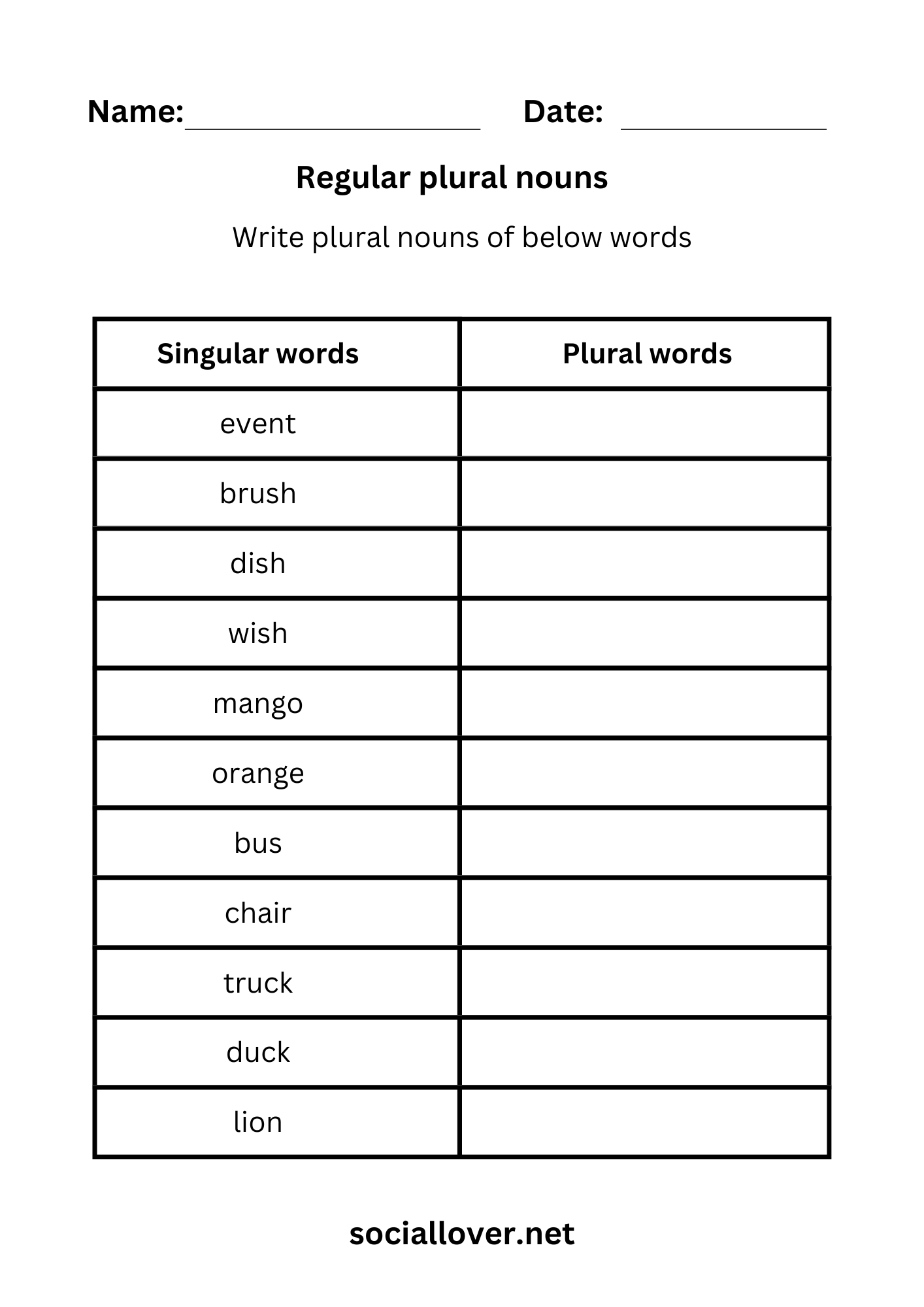 Regular plural nouns worksheets