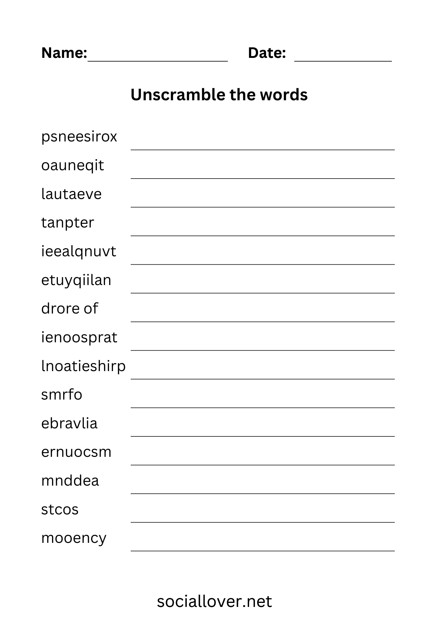 Grade 5 unscramble the words worksheets