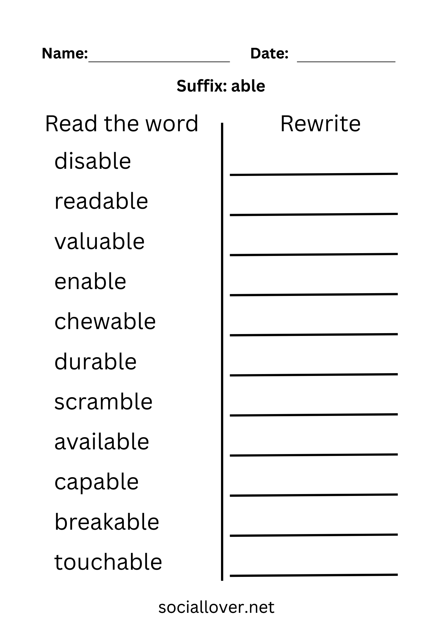 Spelling lists: Suffix able, er, est, ful words
