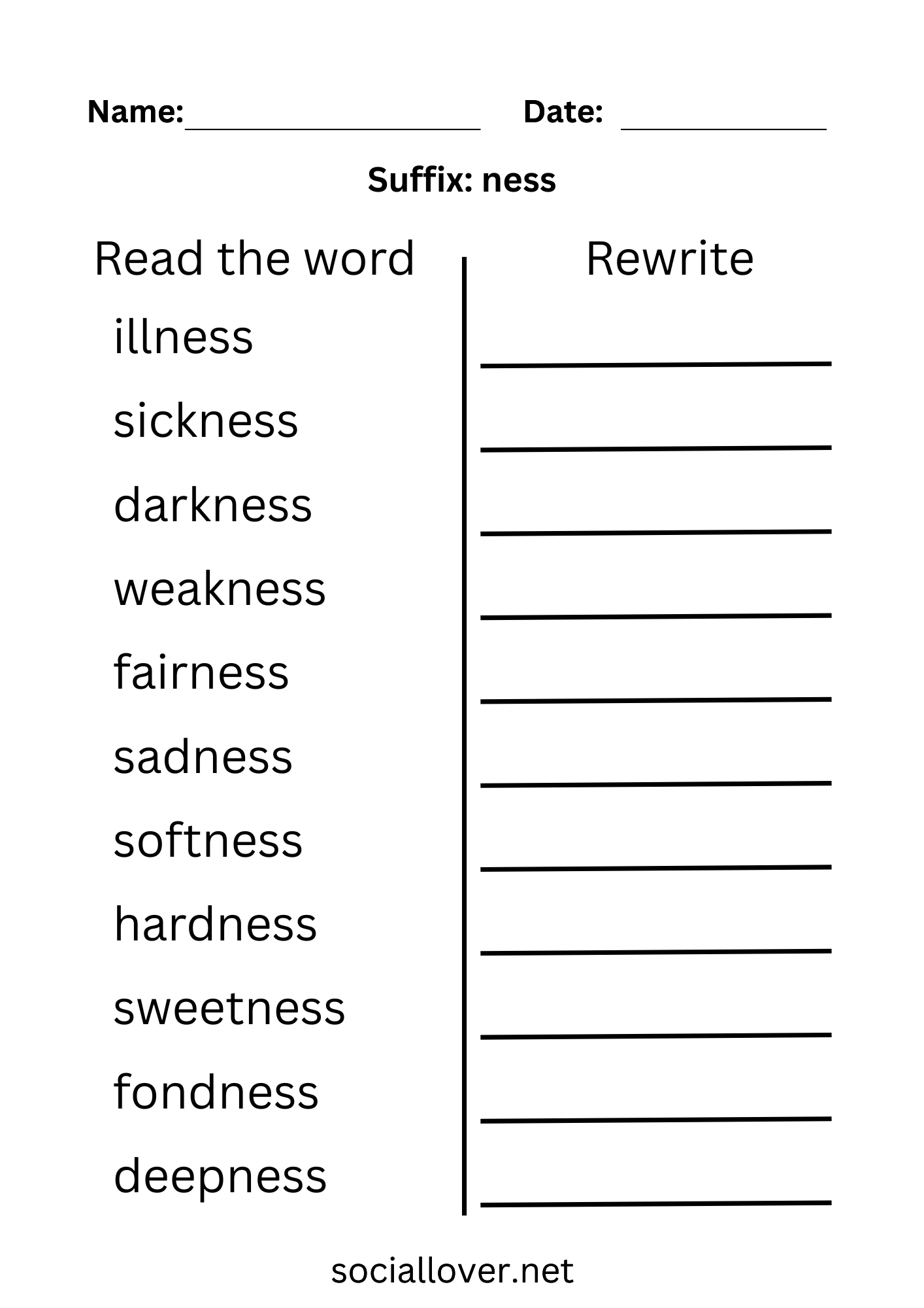 Spelling lists: suffix less, ment & ness words