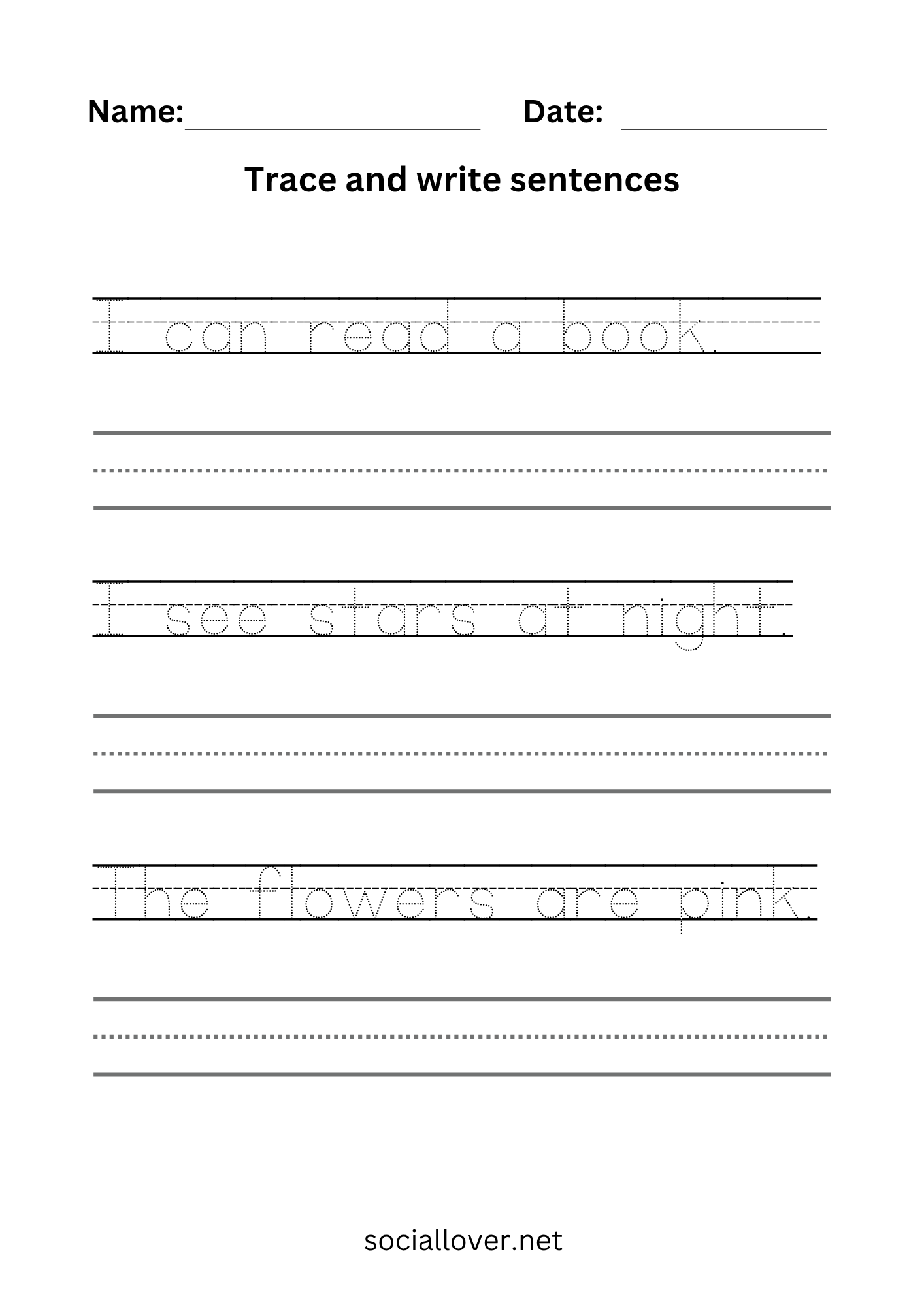 Trace and Write sentences worksheets
