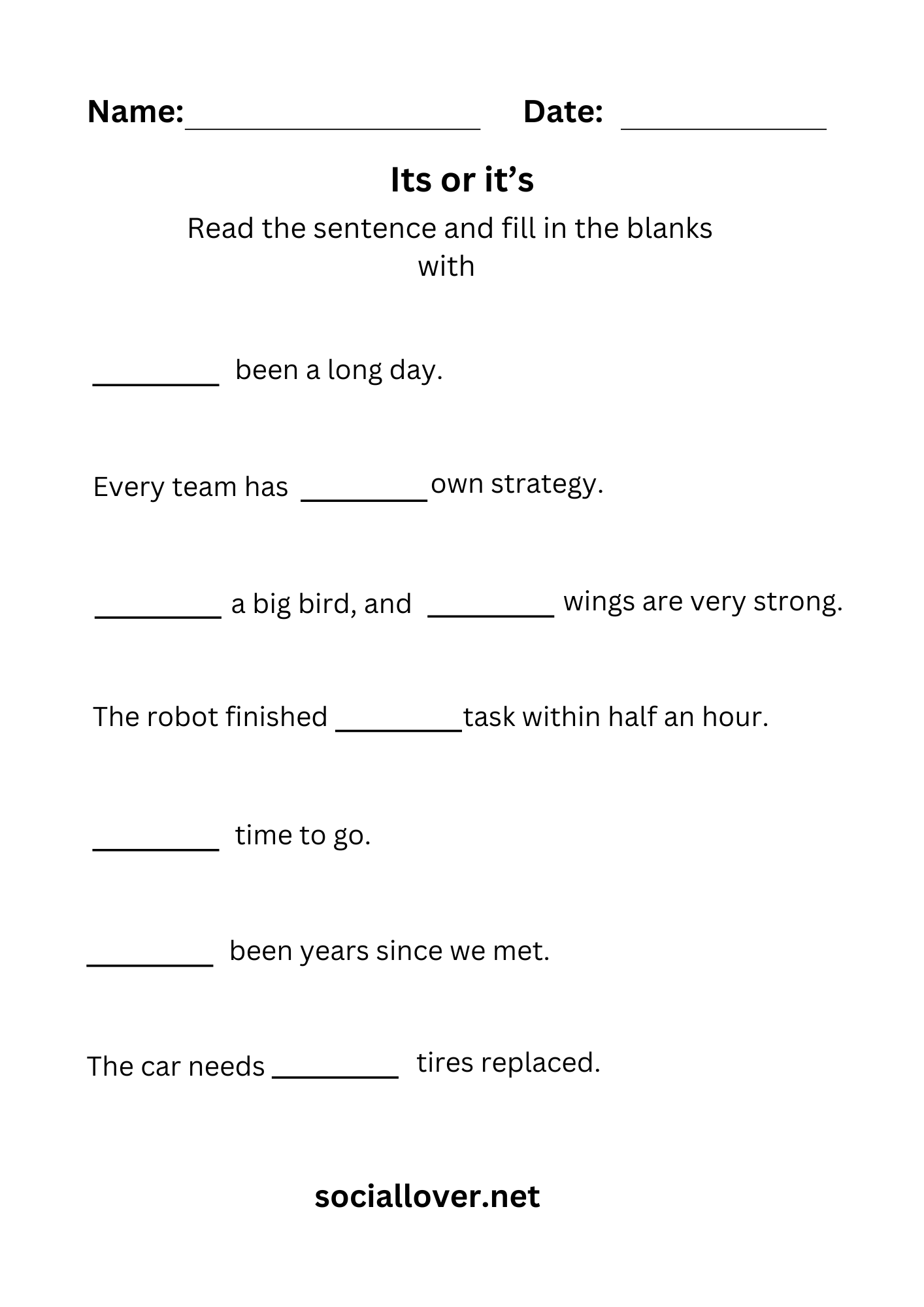 Its or it's worksheets