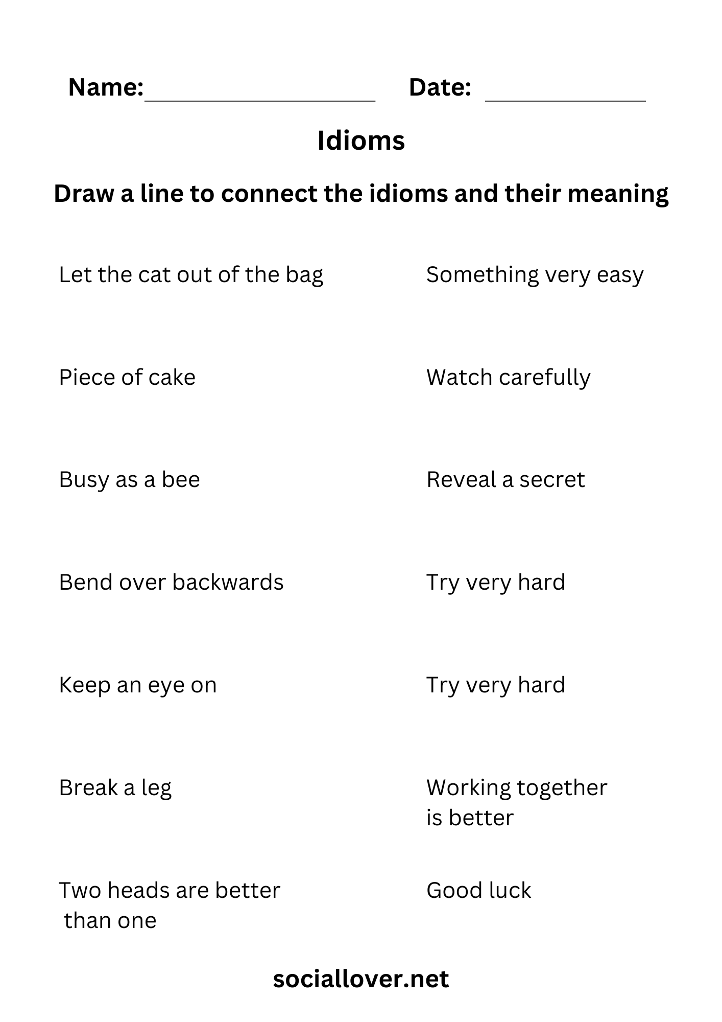 Idioms worksheets for Grade 3