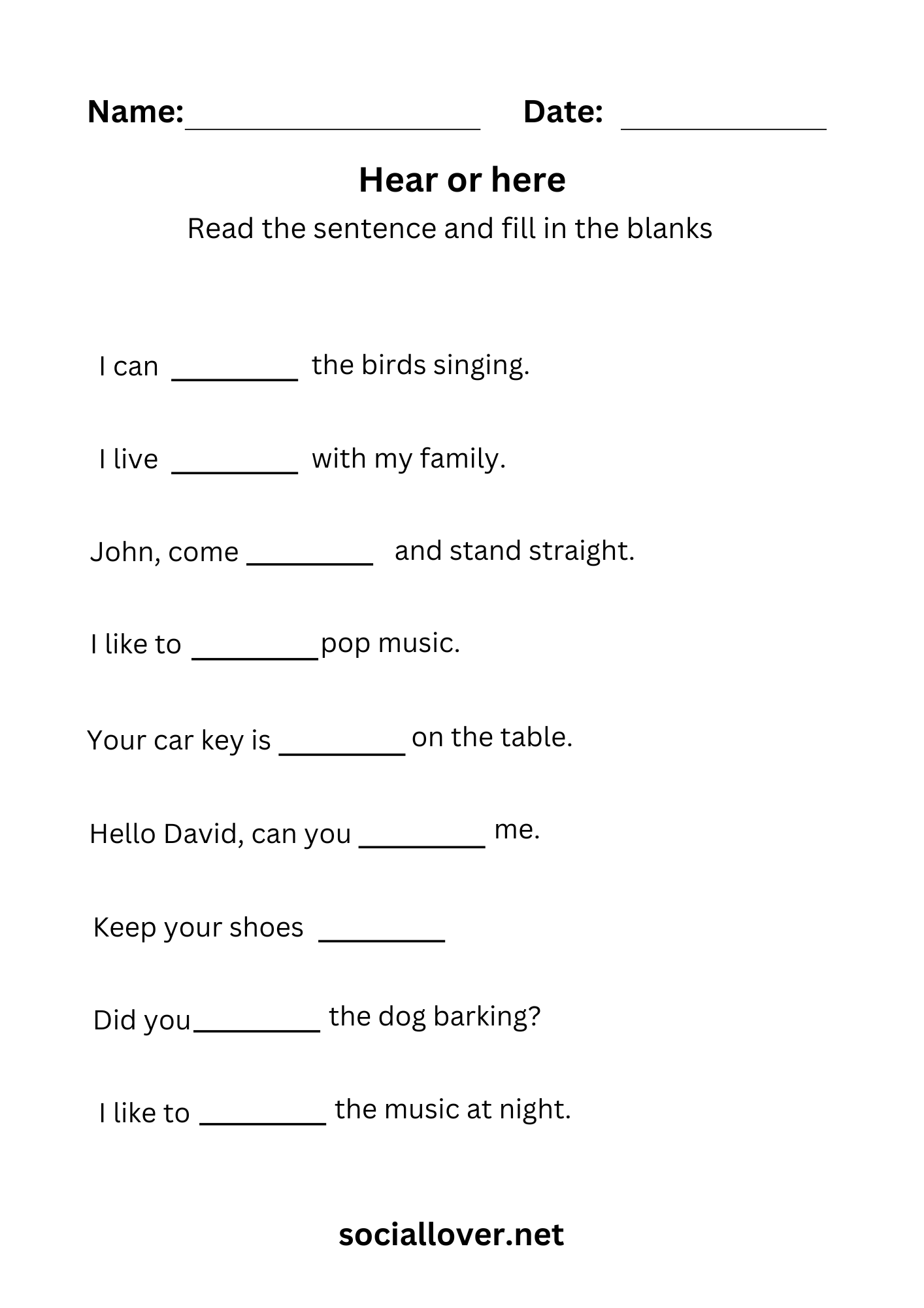 Here or Hear worksheets