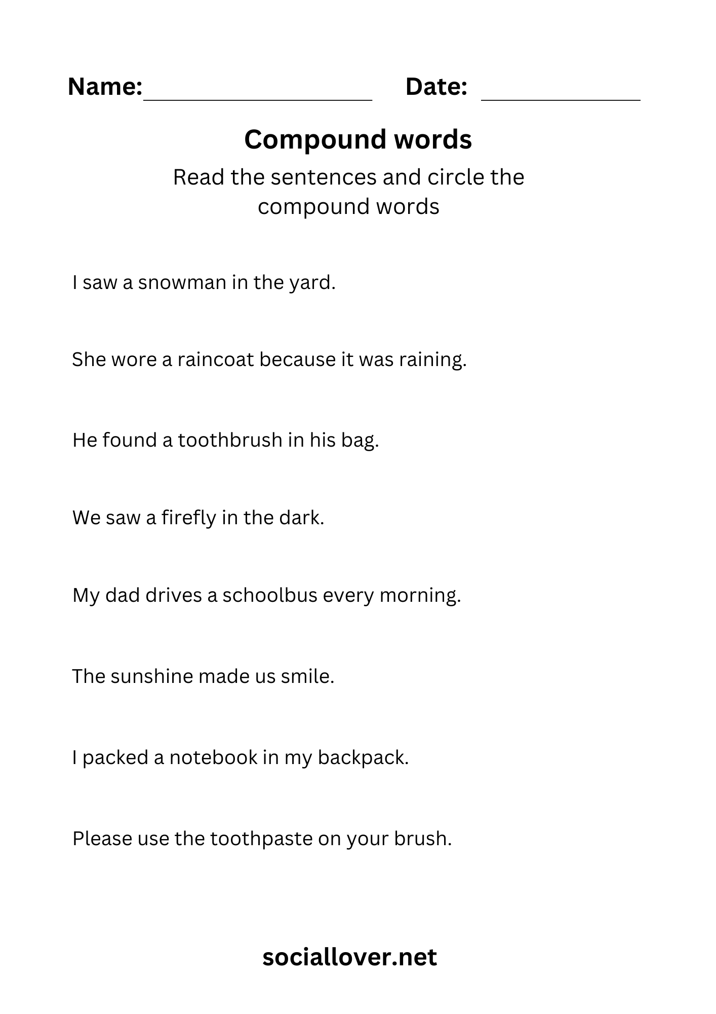Compound words in sentences worksheets Grade 4