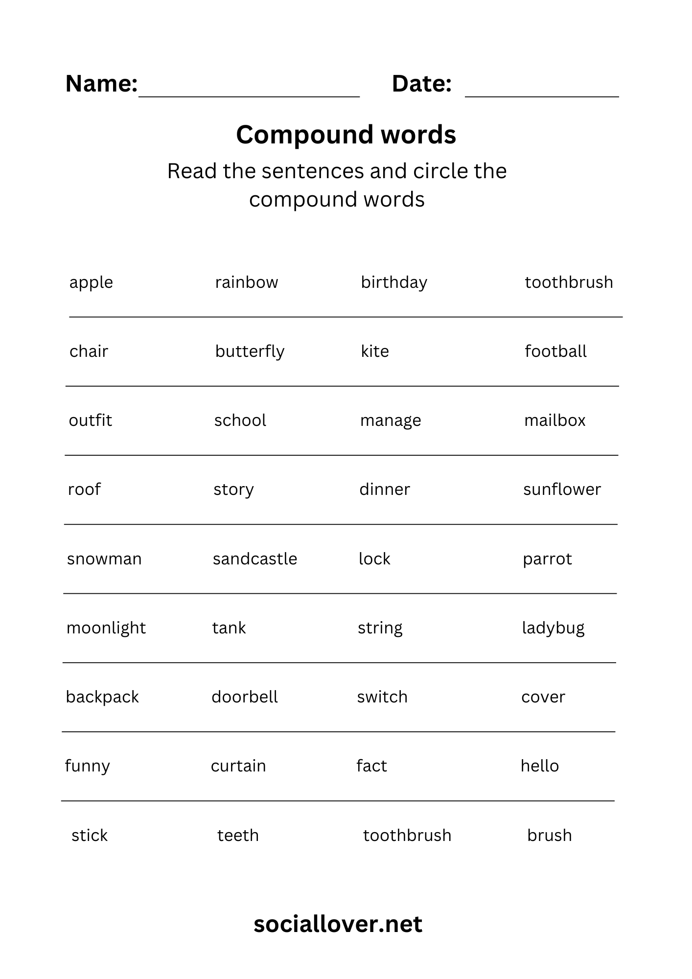 Identify compound words worksheets