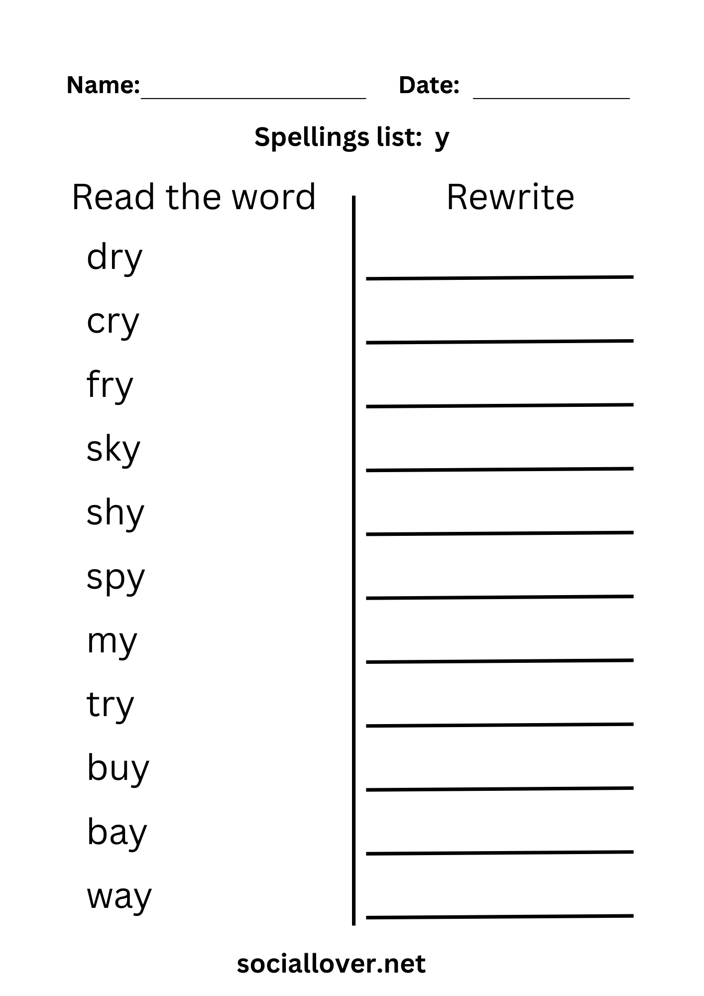 Spelling lists: y sound words